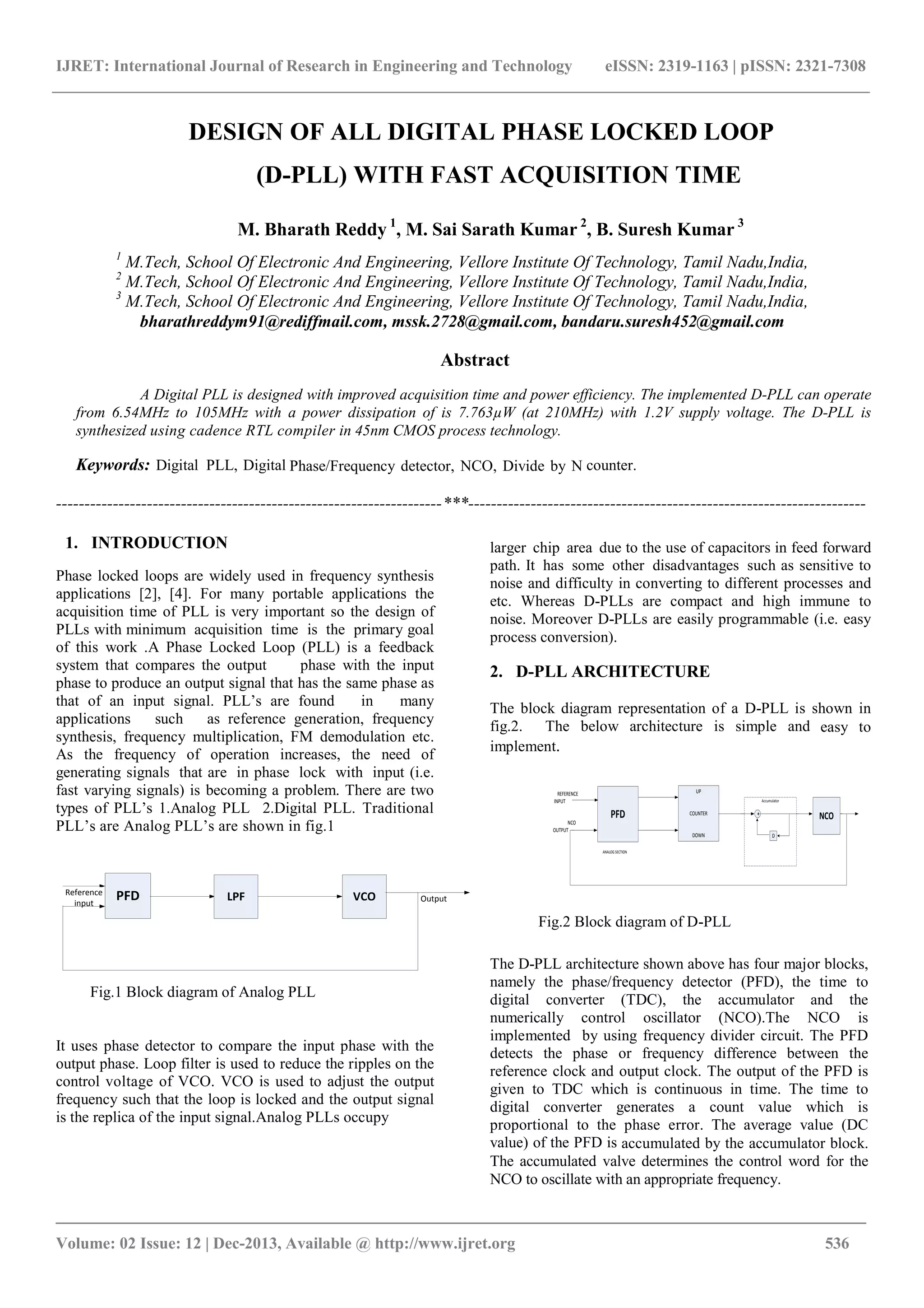 Design of all digital phase locked loop (d pll) with fast acquisition ...