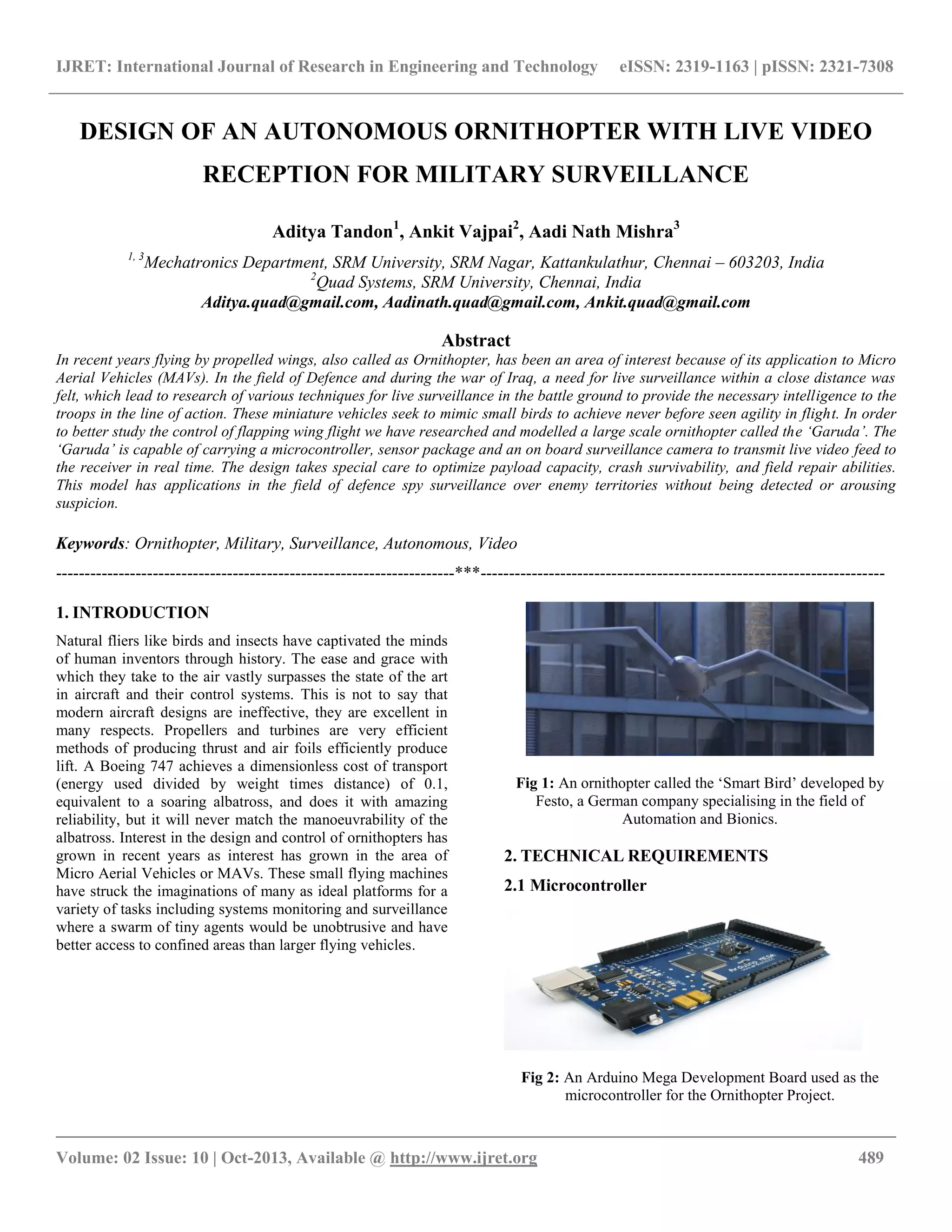 Design of an autonomous ornithopter with live video reception for ...