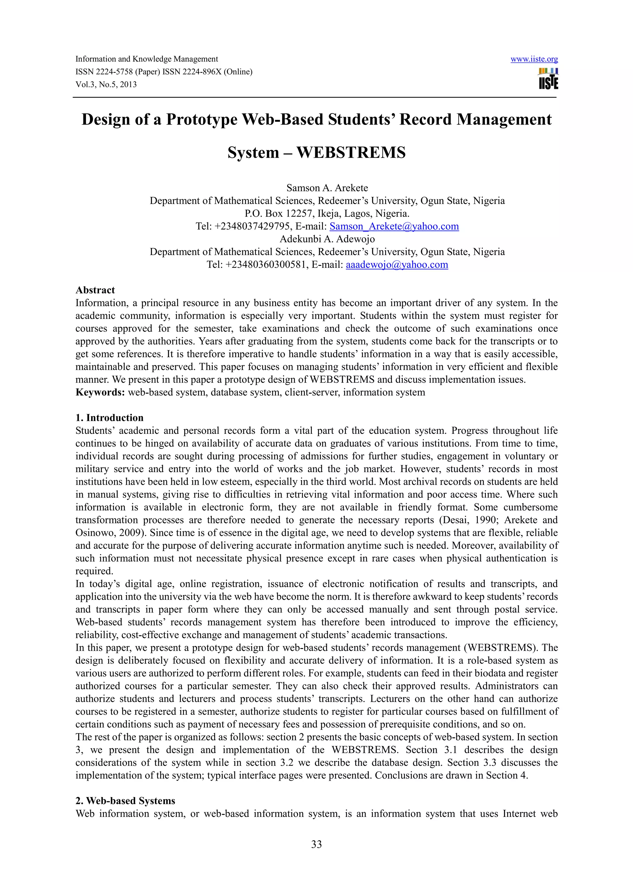 Design of a prototype web based students’ record management system – webstrems | PDF