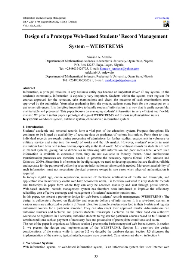 Design of a prototype web based students’ record management system – webstrems | PDF