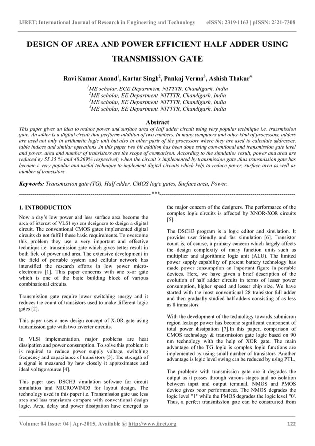 Design of area and power efficient half adder using transmission gate | PDF