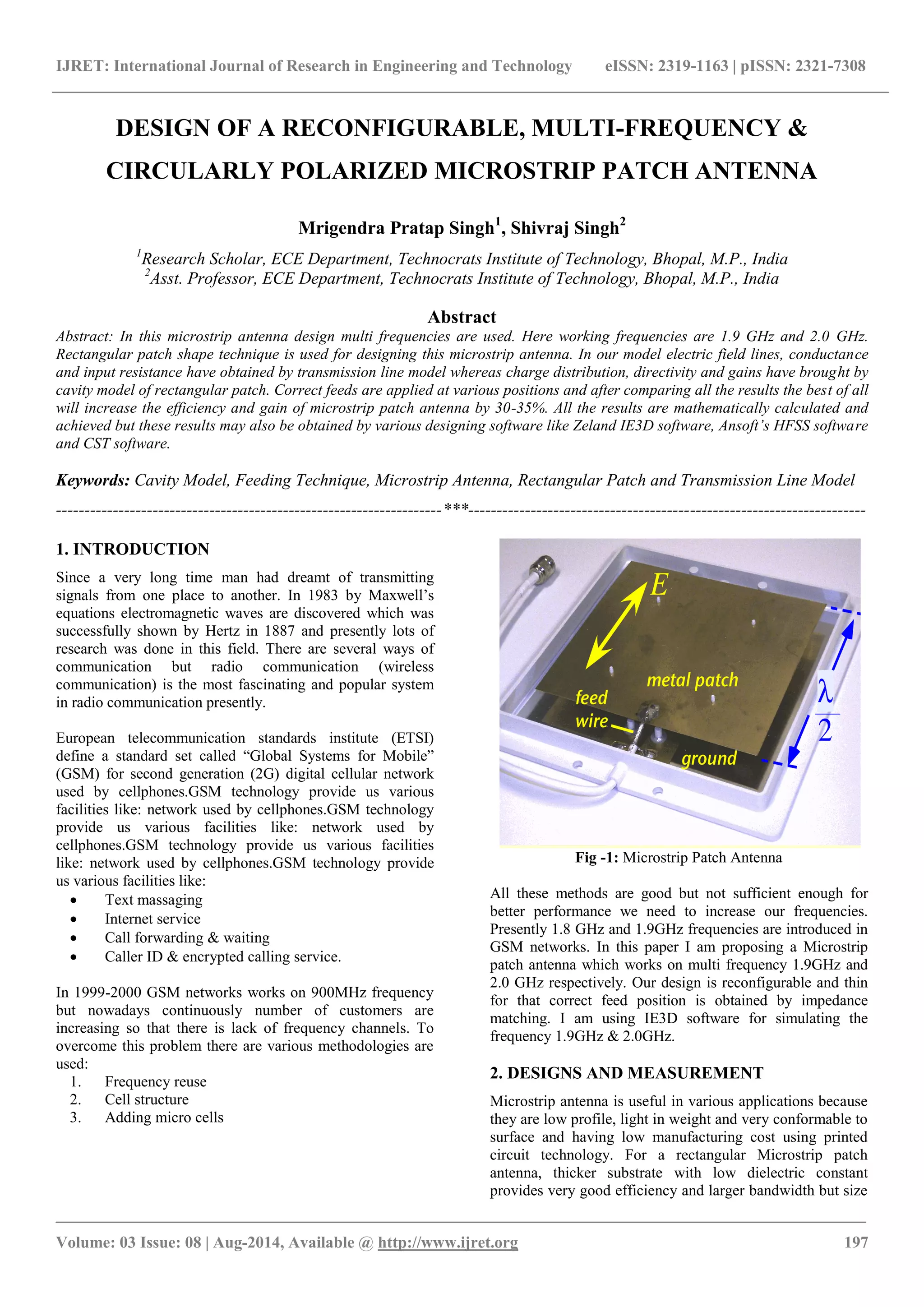 Design of a reconfigurable, multi frequency & circularly polarized microstrip patch antenna | PDF
