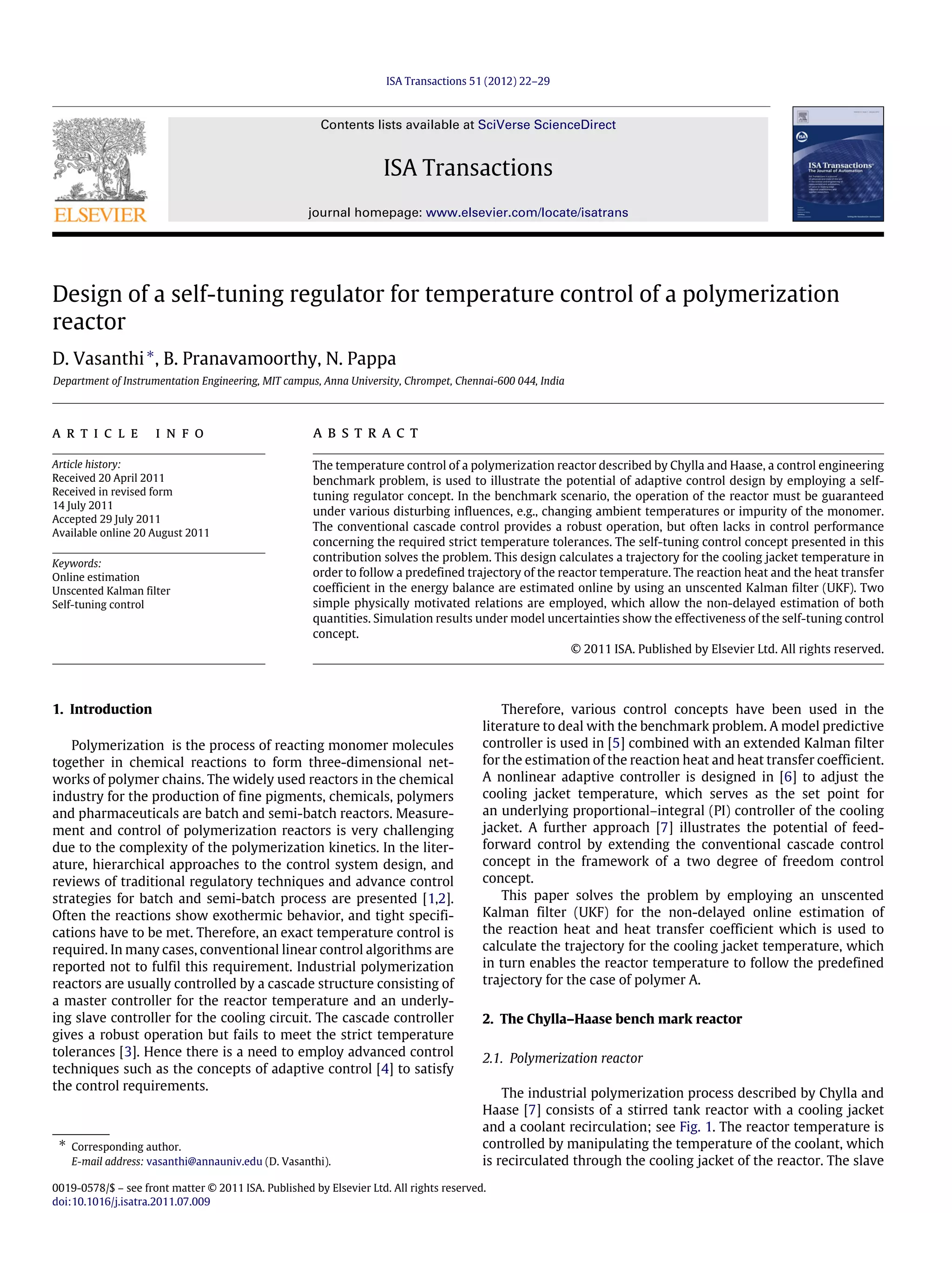 Design of a self tuning regulator for temperature control of a ...