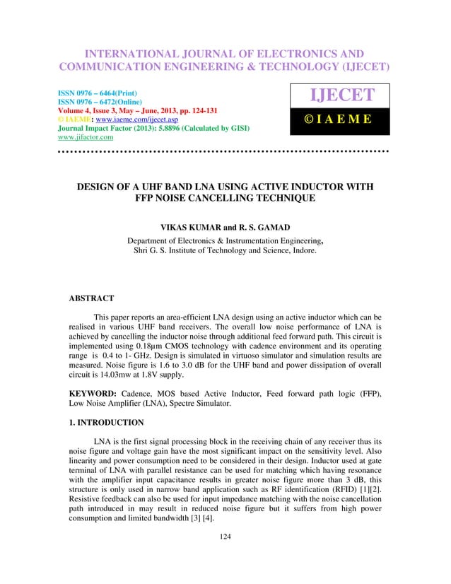 Design of a uhf band lna using active inductor with ffp noise cancelling | PDF
