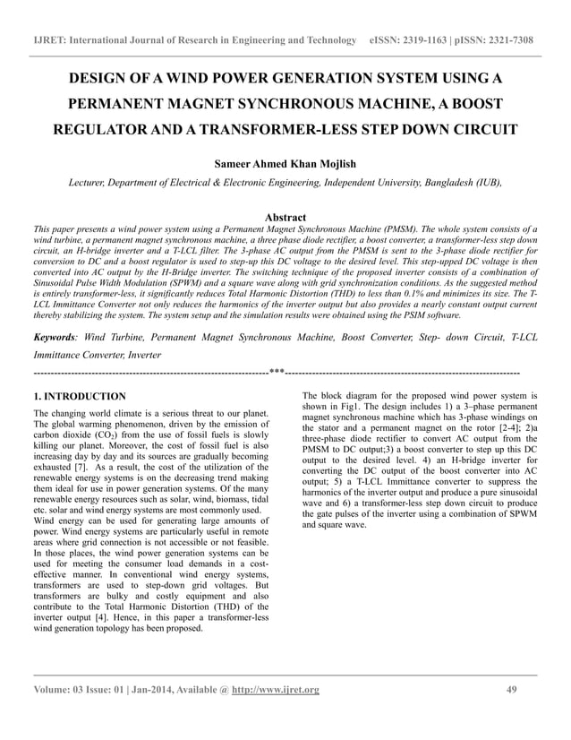 Design Of A Wind Power Generation System Using A Permanent Magnet Synchronous Machine A Boost