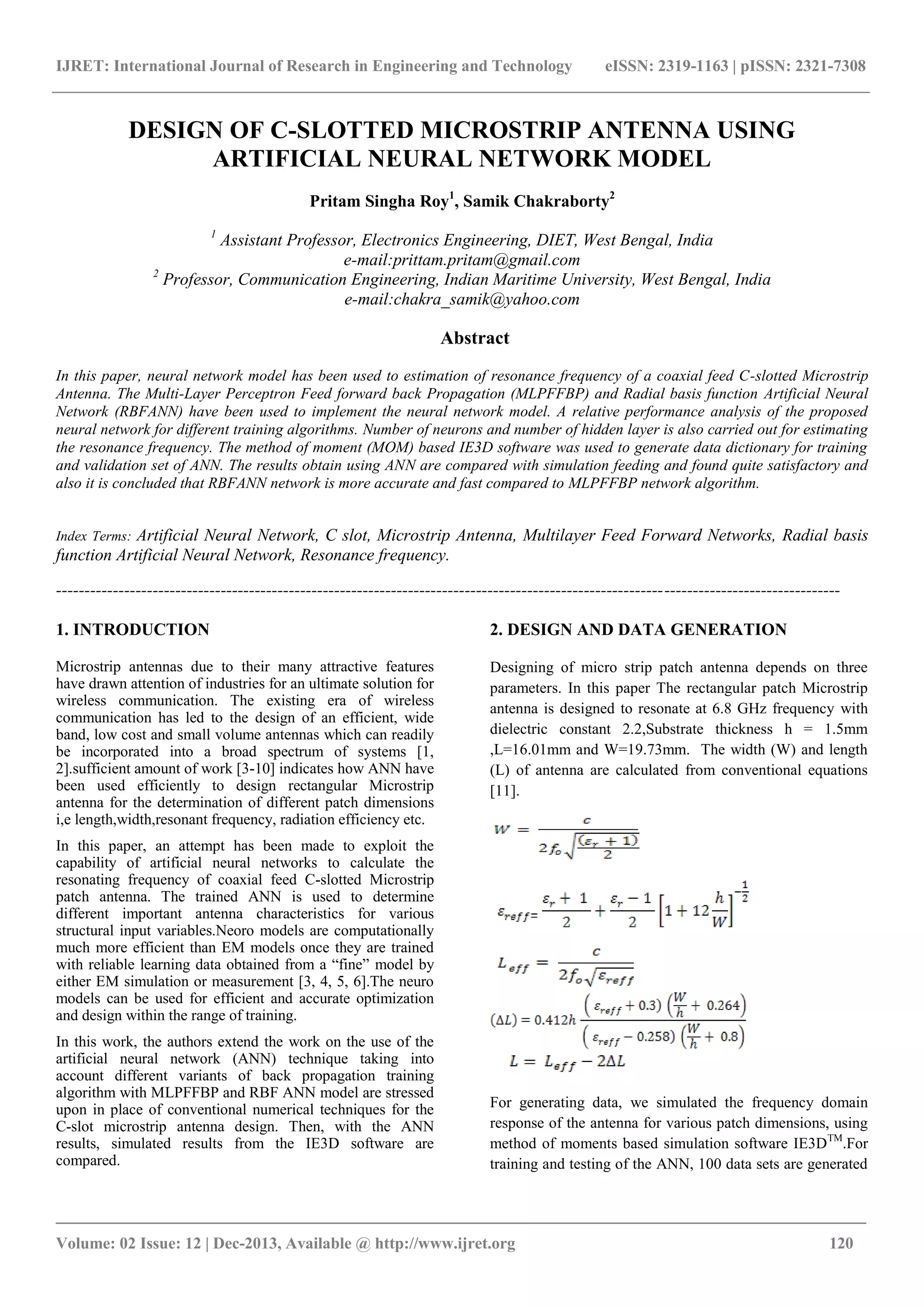 Design of c slotted microstrip antenna using artificial neural network model | PDF | Physics ...
