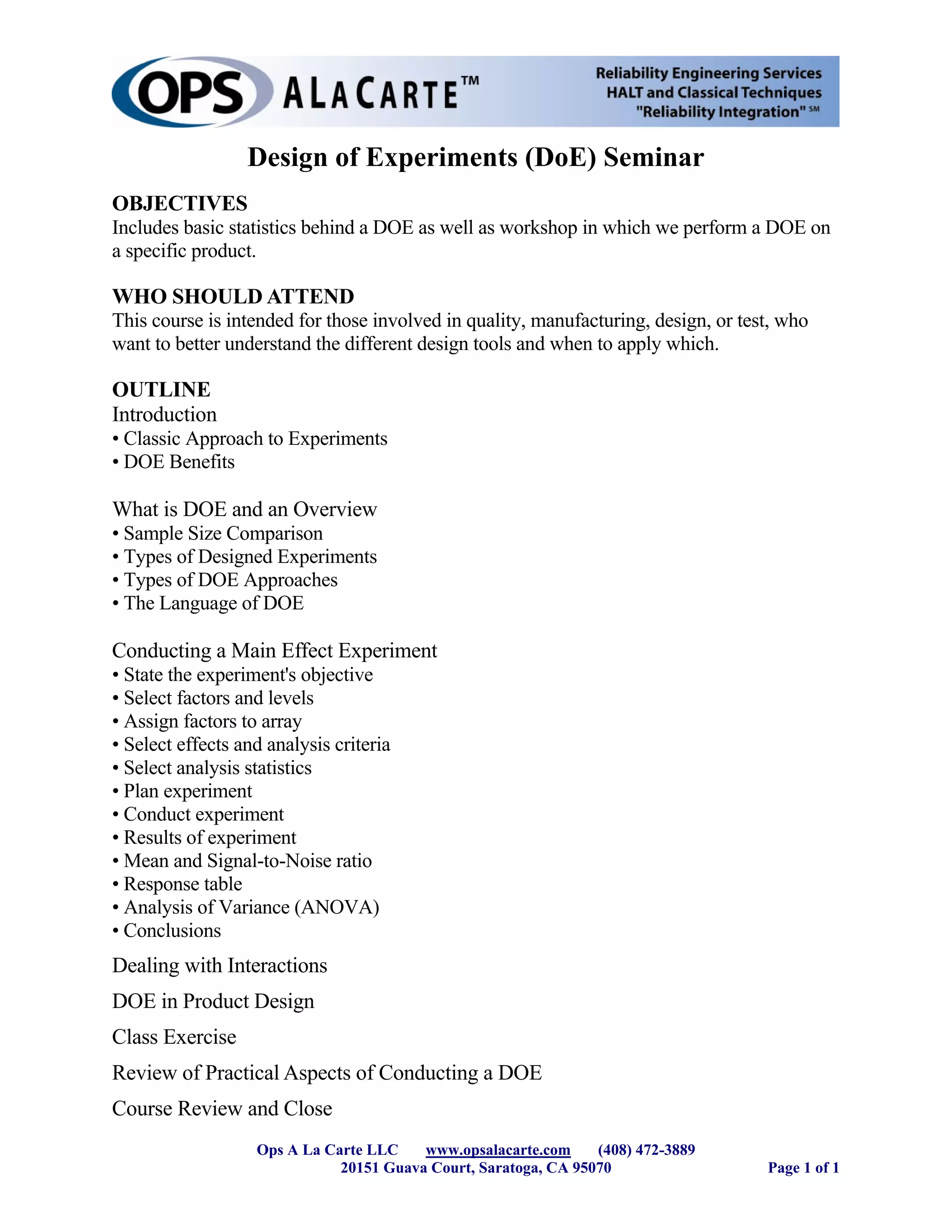 Design of Experiments (DoE) Seminar Outline | PDF