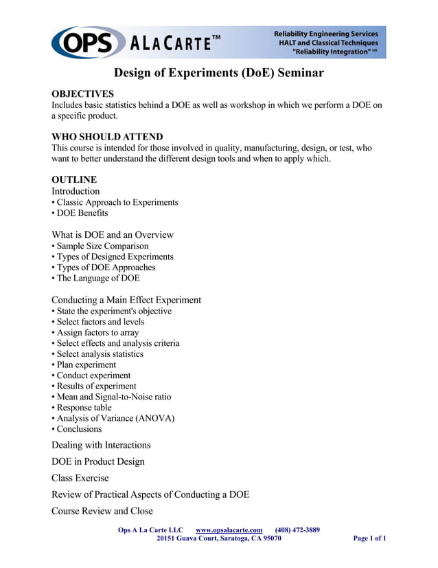 Design of Experiments (DoE) Seminar Outline | PDF