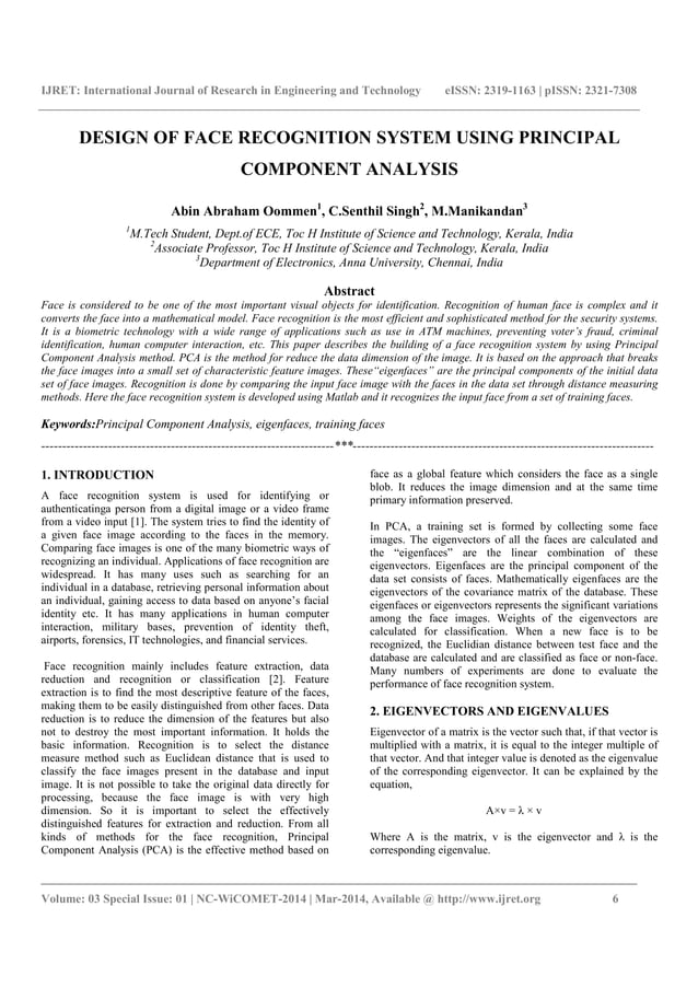 Design Of Face Recognition System Using Principal