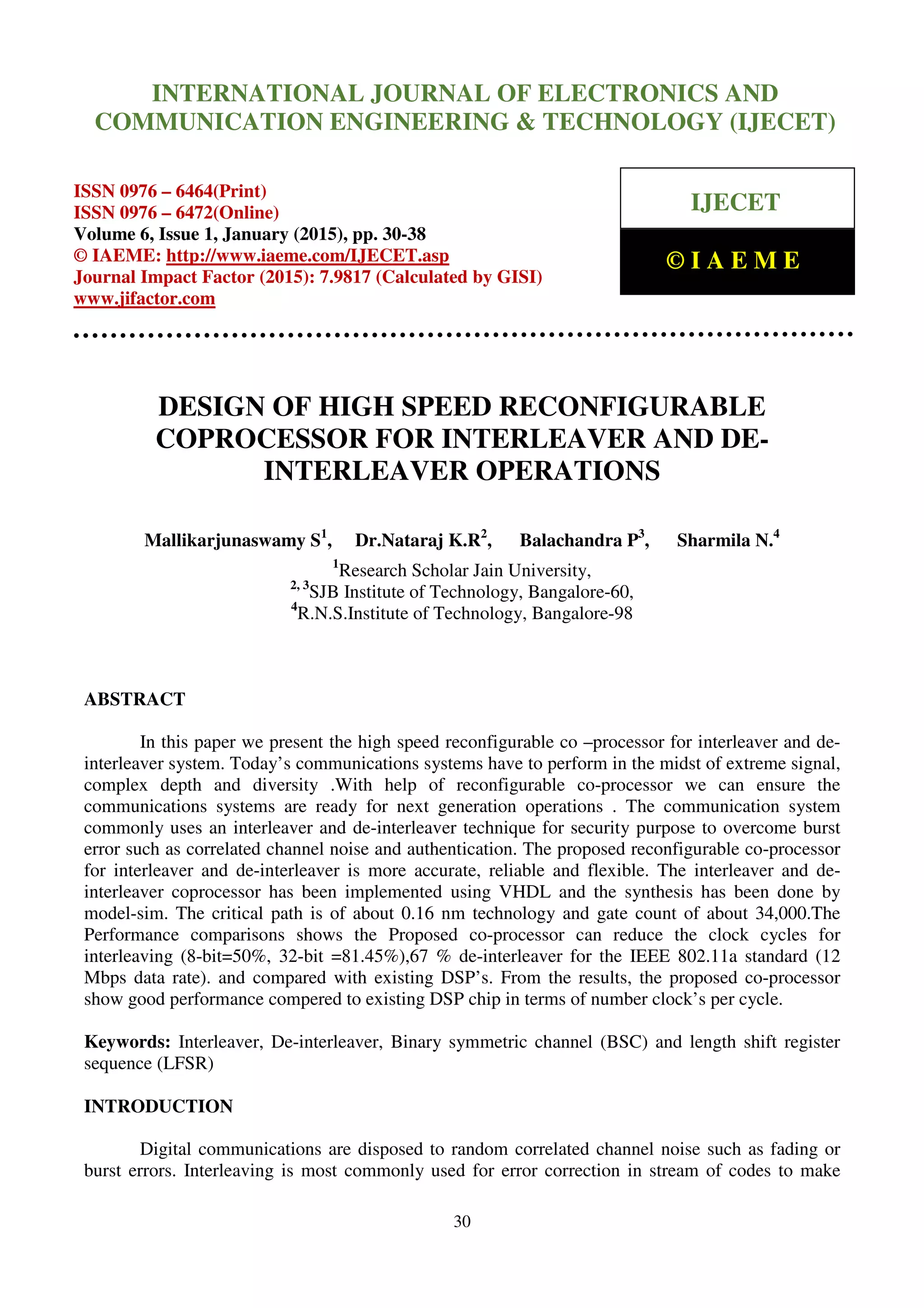 Design of high speed reconfigurable coprocessor for interleaver and de ...