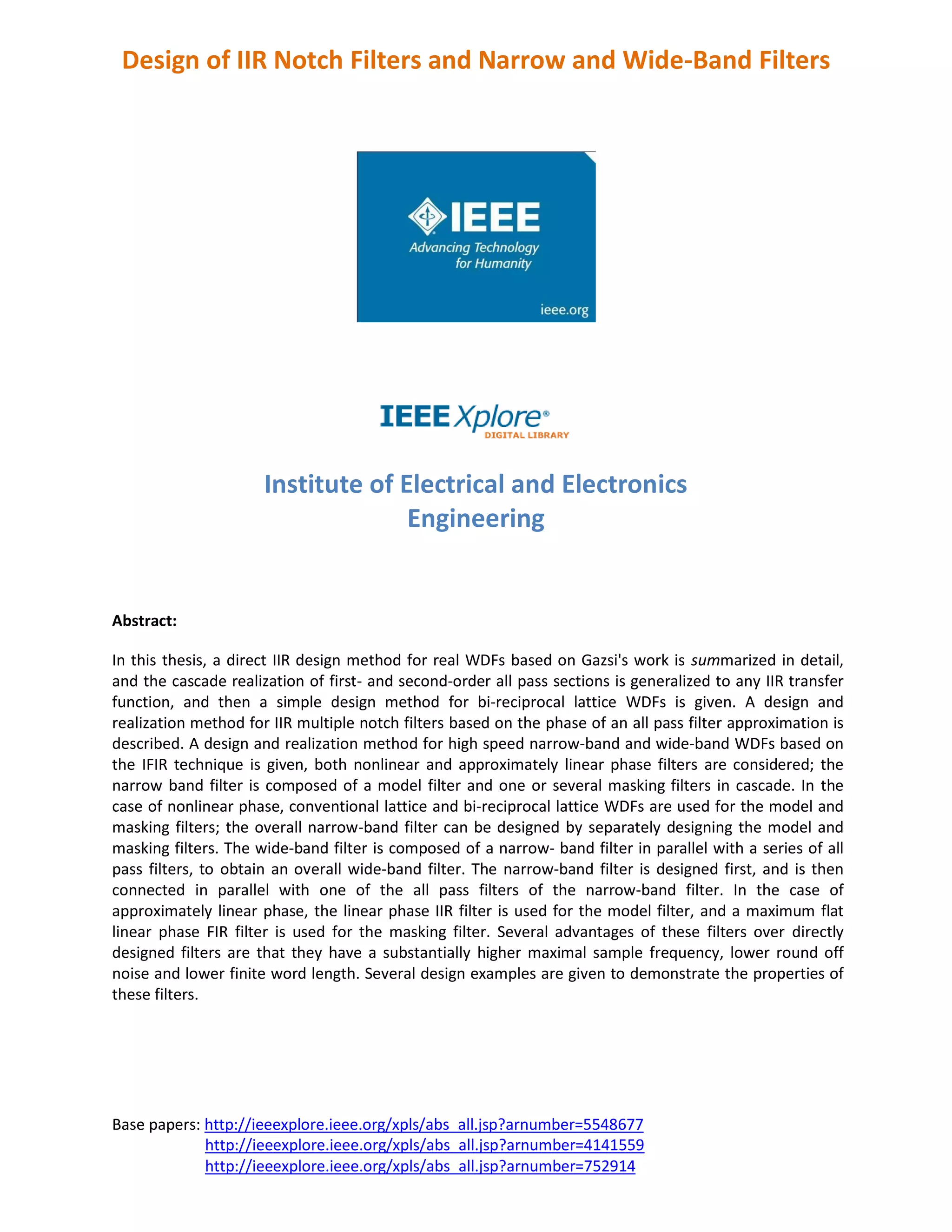 Design of iir notch filters and narrow and wide band filters | PDF
