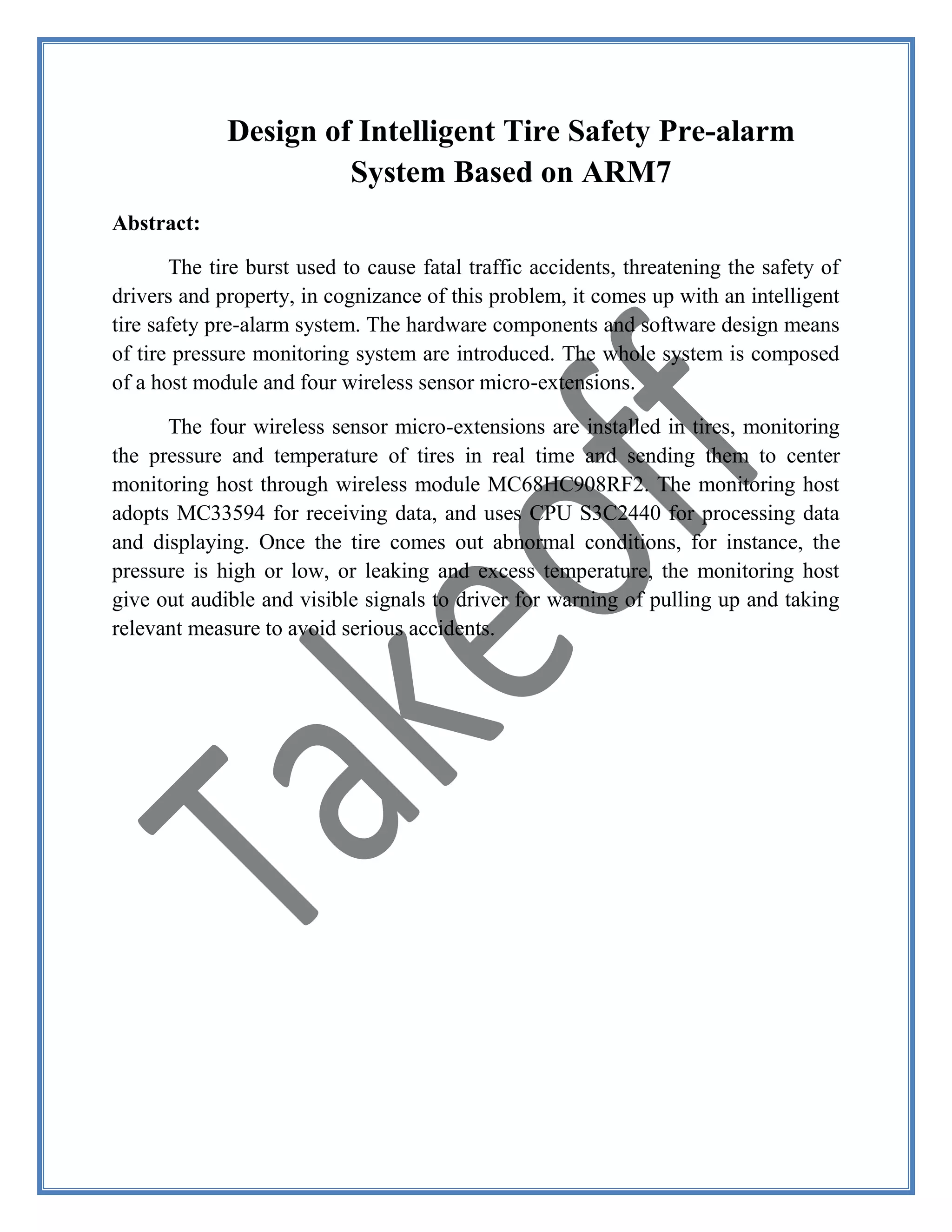 Design of intelligent tire safety pre alarm system based on arm7 | DOCX