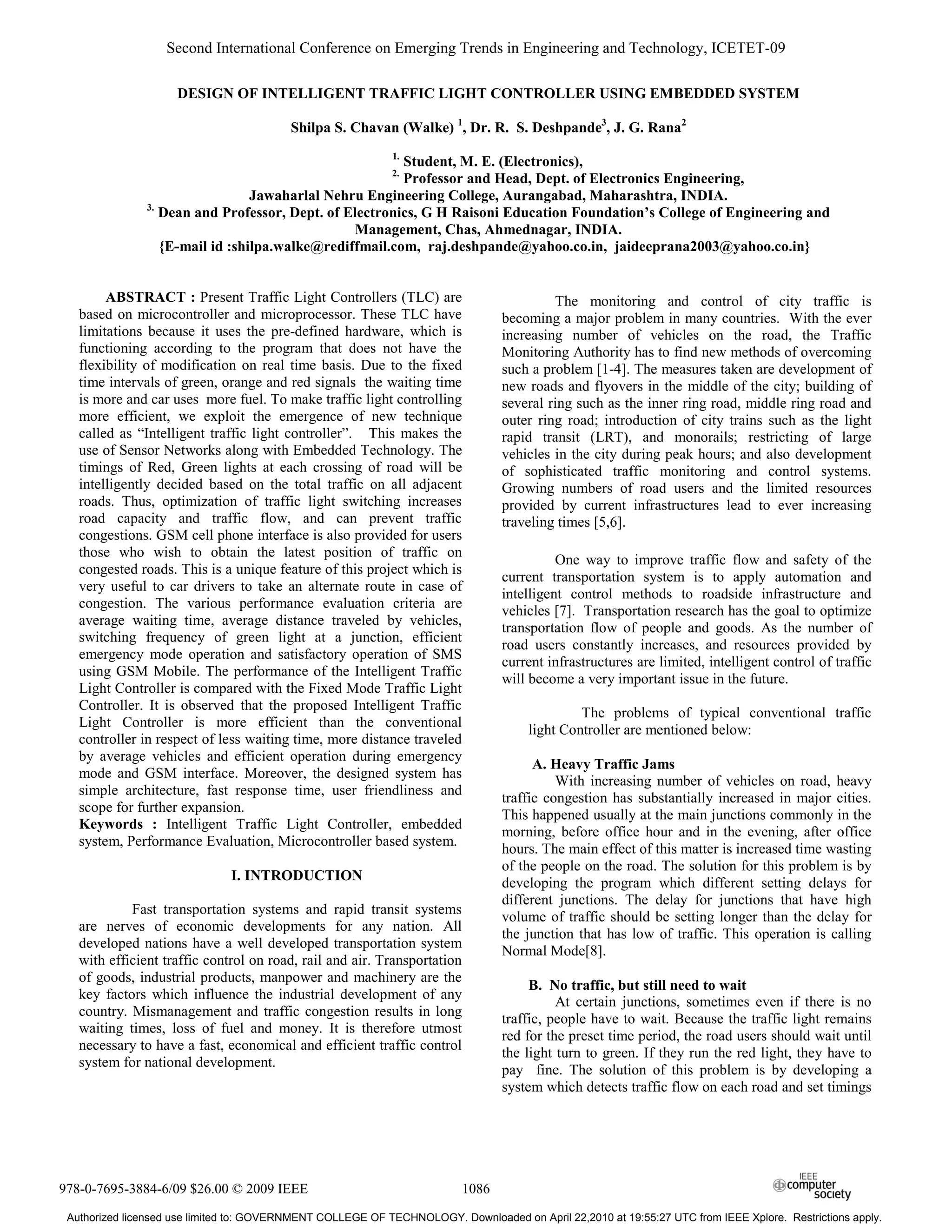 Design of intelligent traffic light controller using gsm & embedded system | PDF