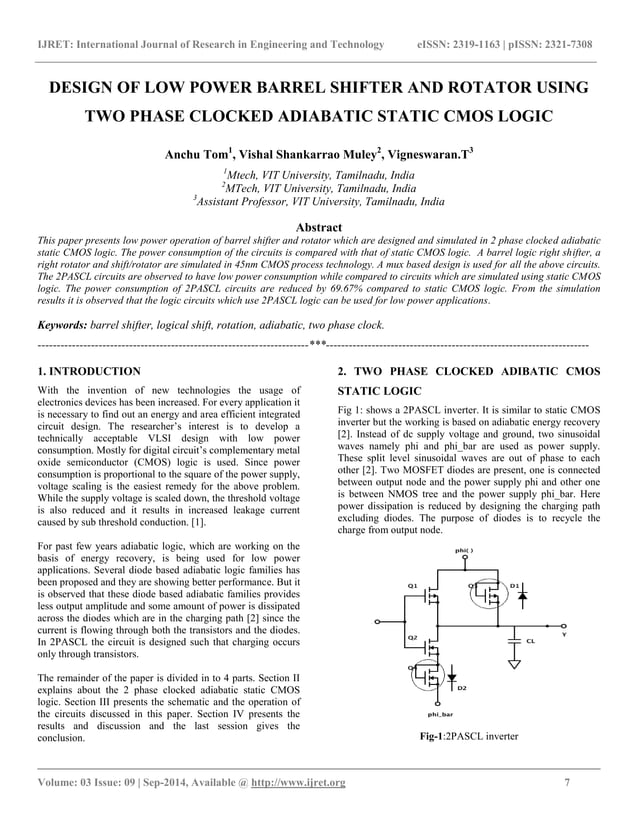 Design of low power barrel shifter and rotator using two phase clocked adiabatic static cmos ...