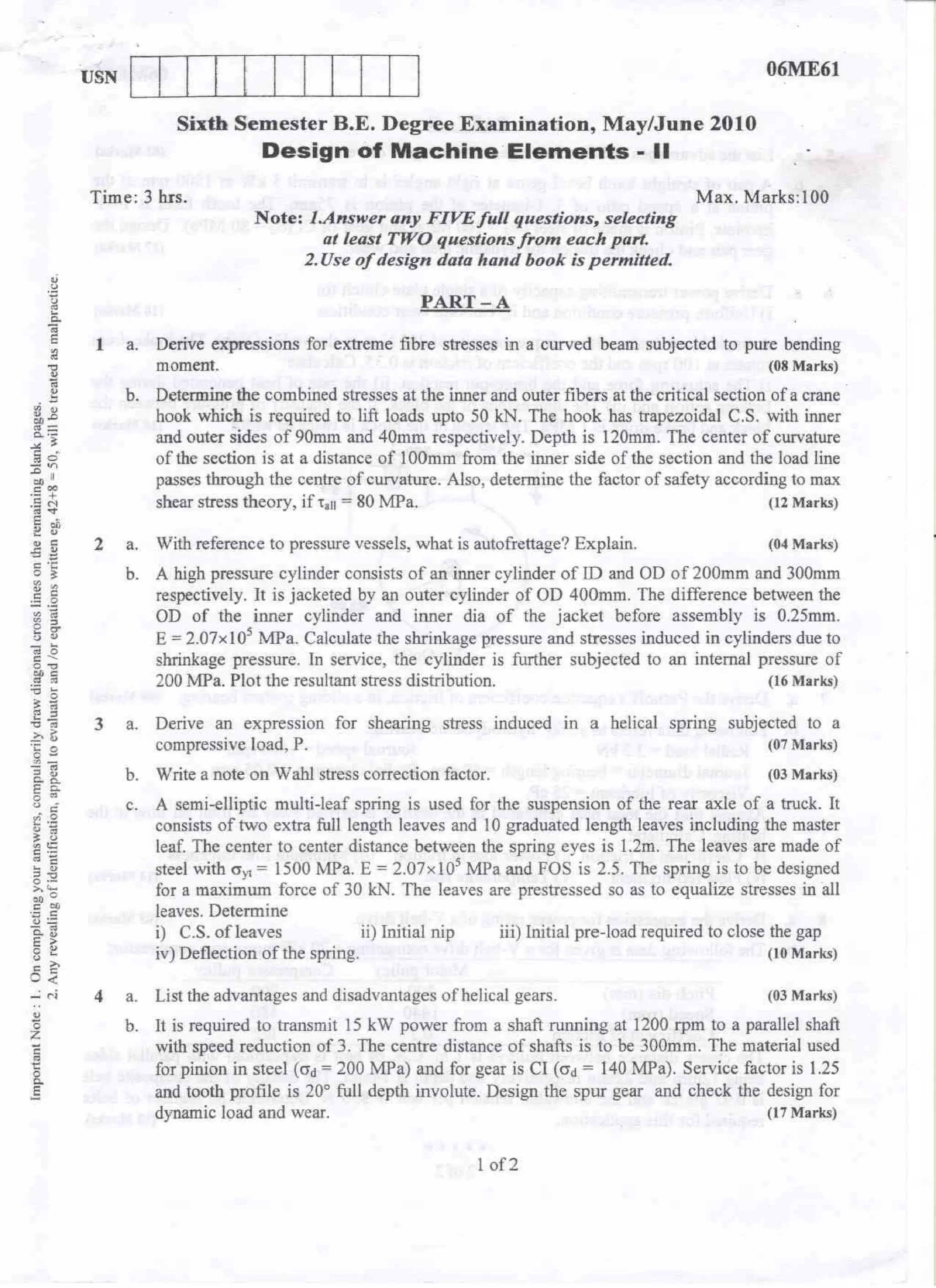 Design of machine elements ii may 2010 | PDF