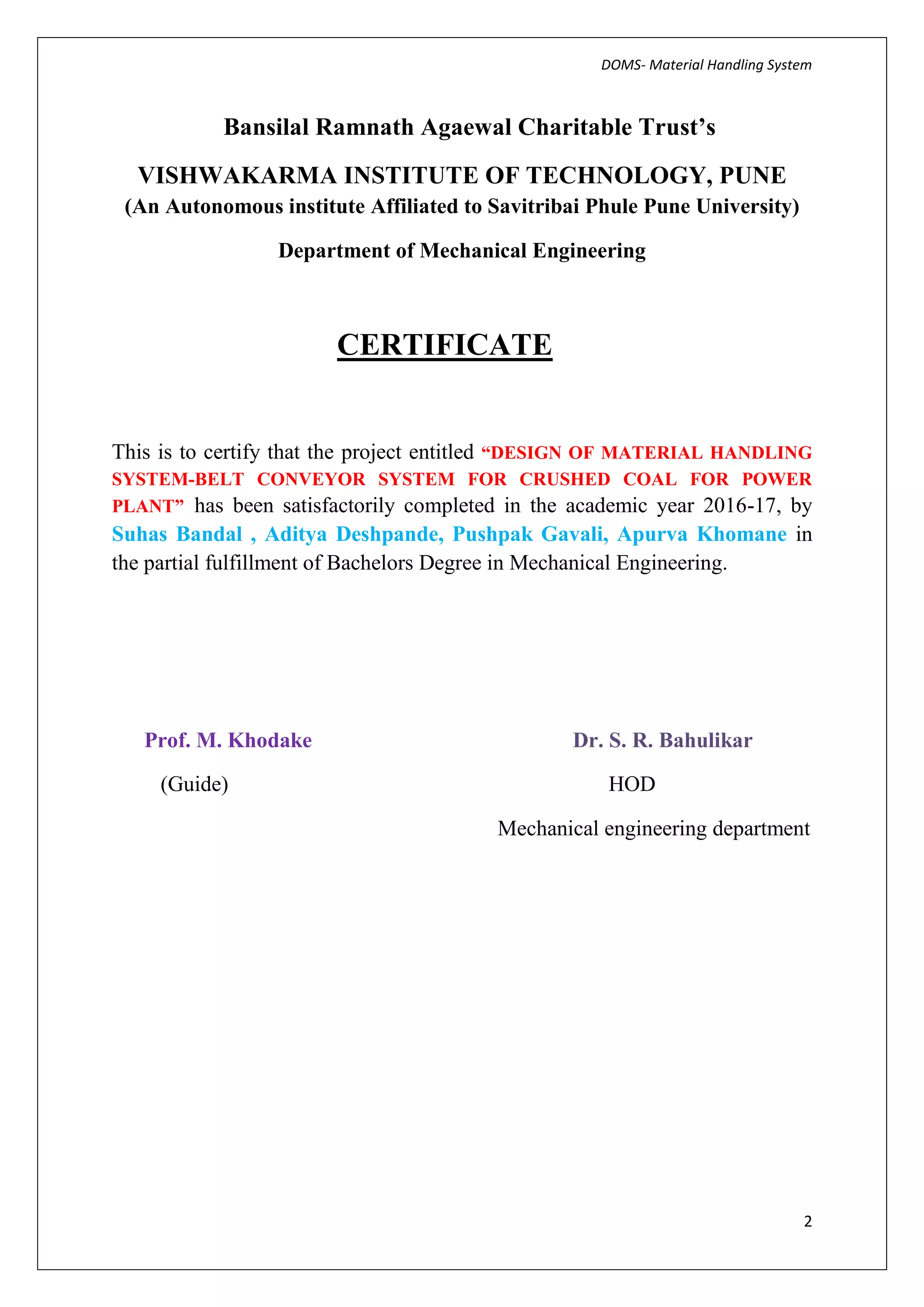 Design of material handling system belt conveyor system for crushed coal for power plant | PDF