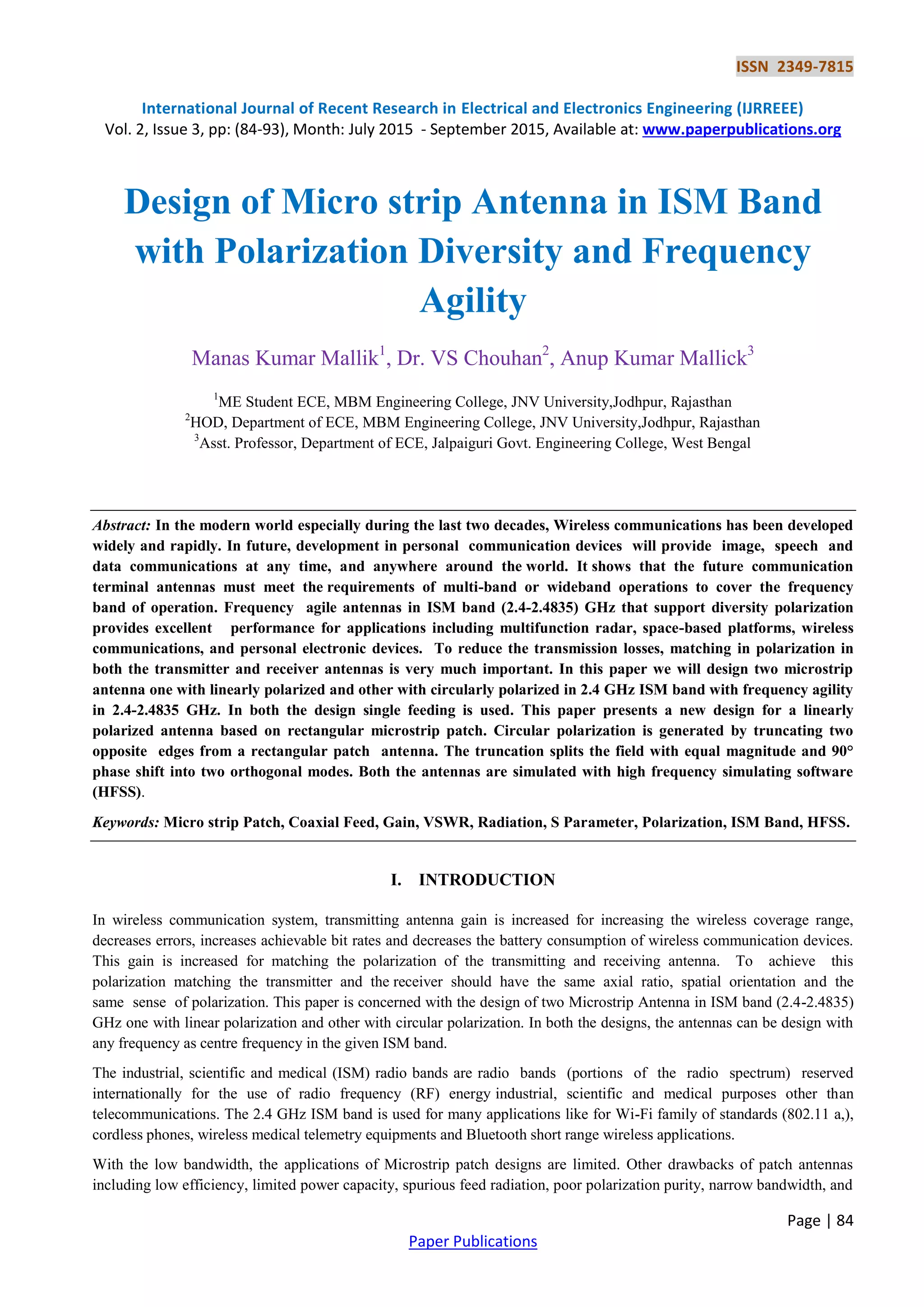 Design of Micro strip Antenna in Ism Band with Polarization Diversity and Frequency Agility | PDF