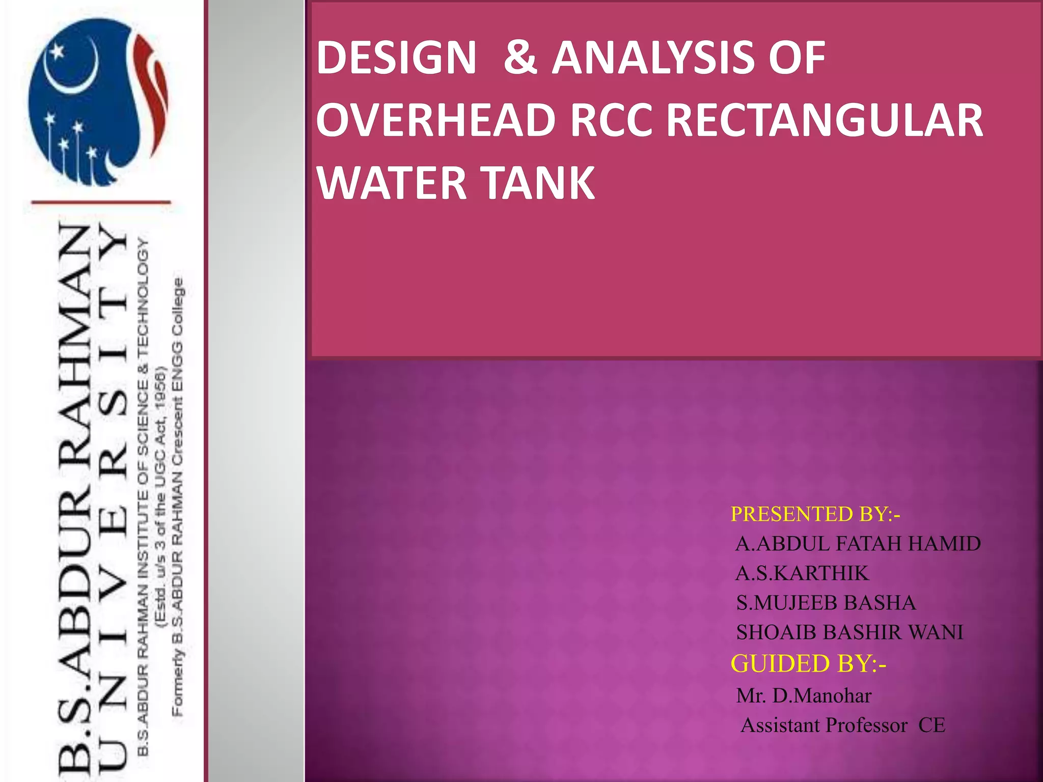Design of overhead RCC rectangular water tank | PPTX