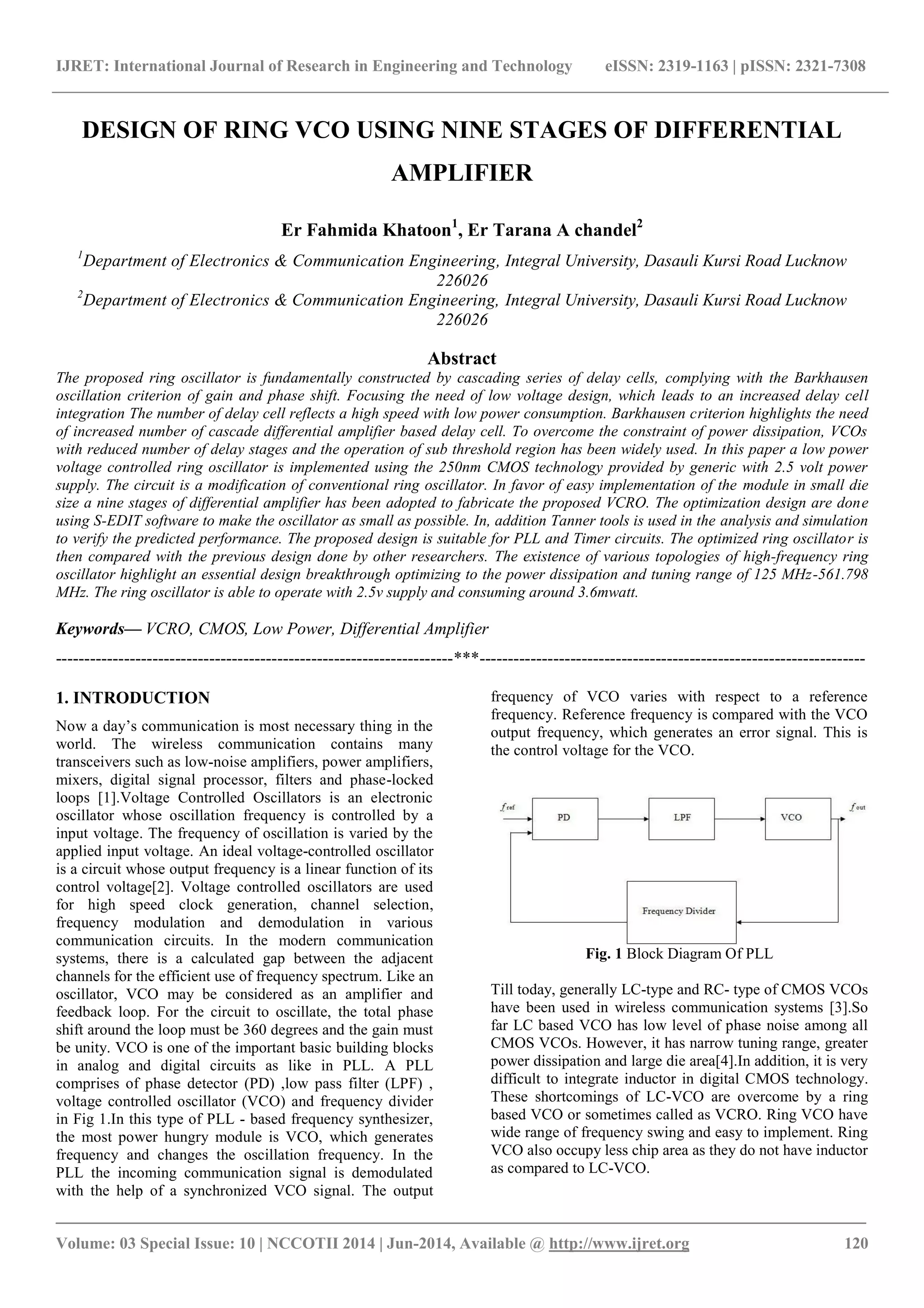 Design of ring vco using nine stages of differential amplifier | PDF