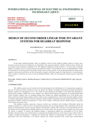 Design of second order linear time invariant systems for deadbeat response | PDF | Physics | Science