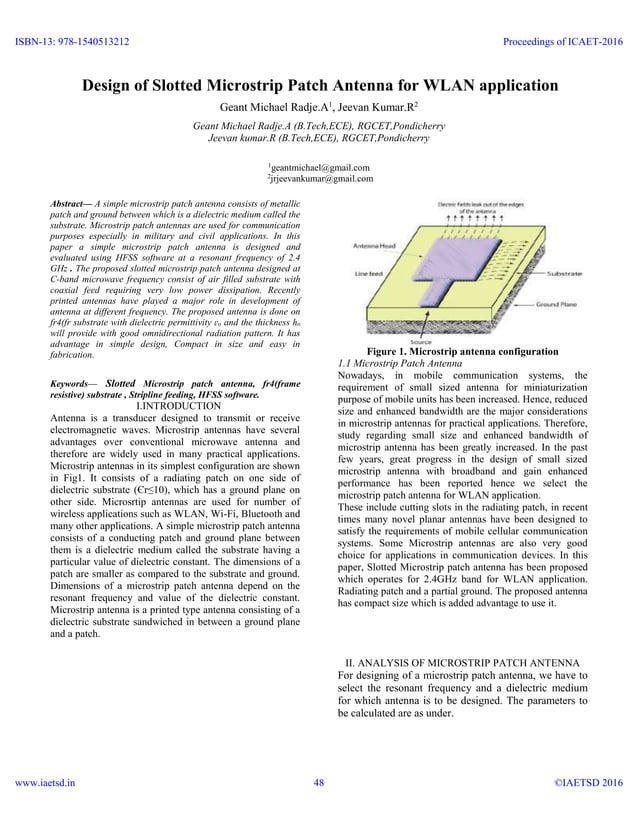 iaetsd Design of slotted microstrip patch antenna for wlan application | PDF