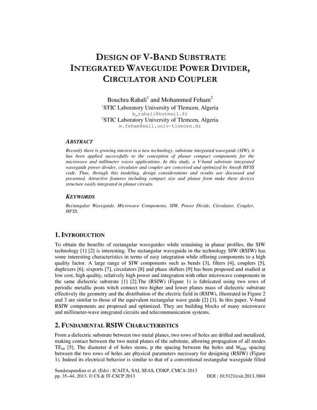 DESIGN OF V-BAND SUBSTRATE INTEGRATED WAVEGUIDE POWER DIVIDER, CIRCULATOR AND COUPLER | PDF