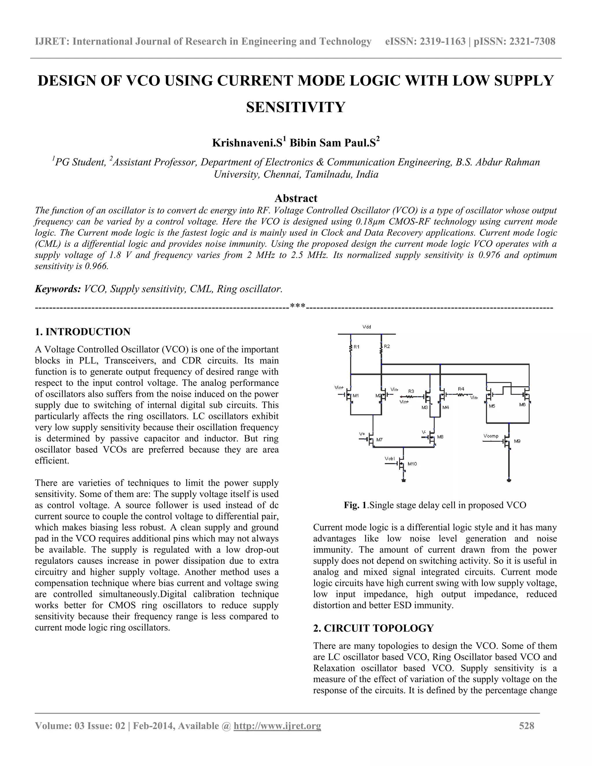 Design of vco using current mode logic with low supply sensitivity | PDF
