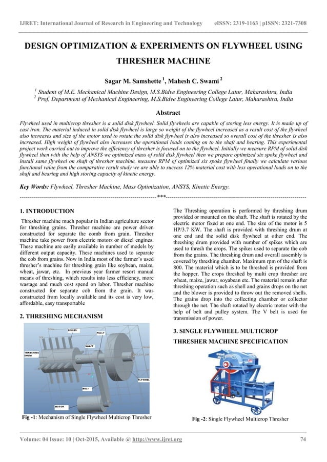 Design optimization & experiments on flywheel using thresher machine | PDF