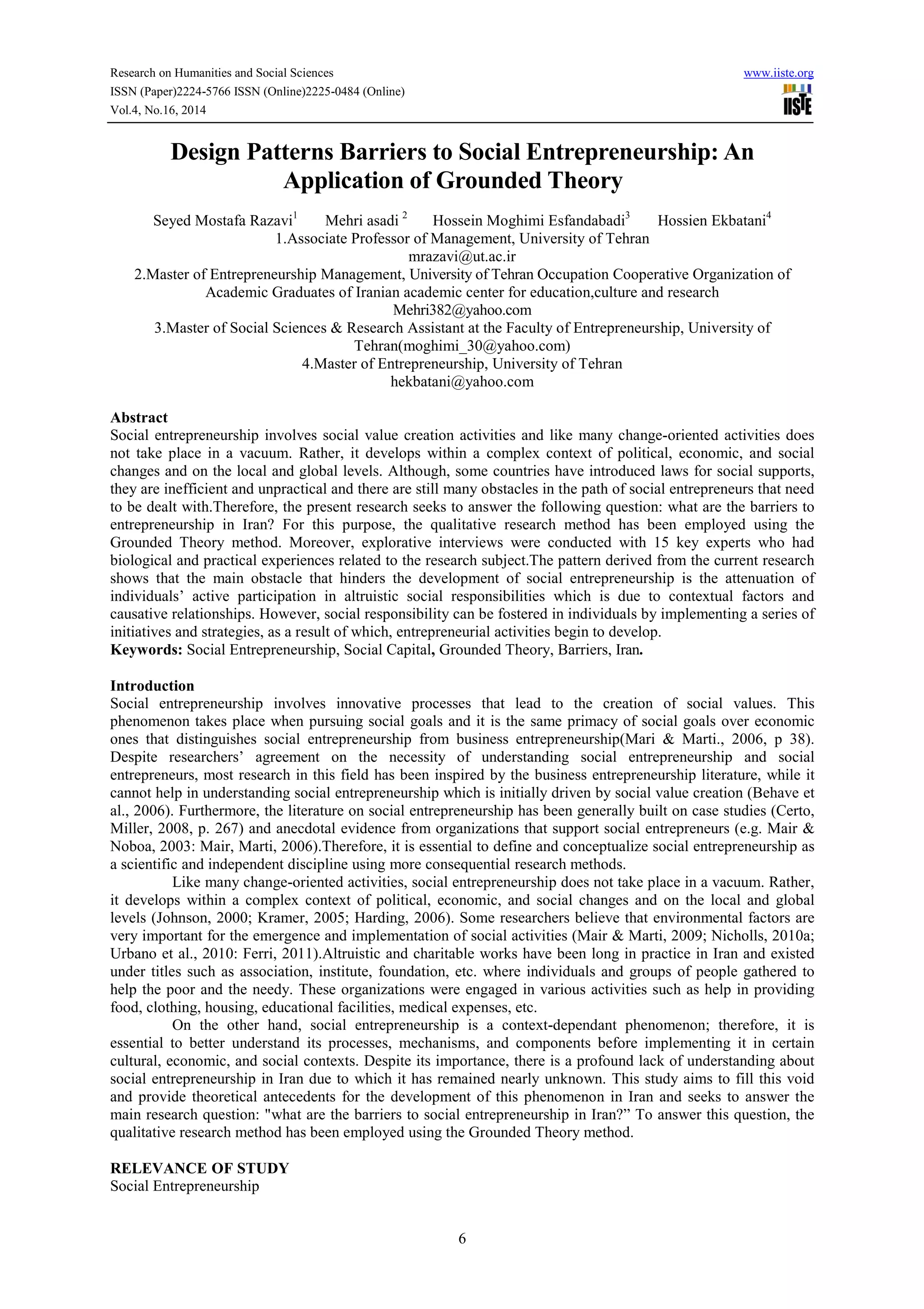 Design patterns barriers to social entrepreneurship | PDF