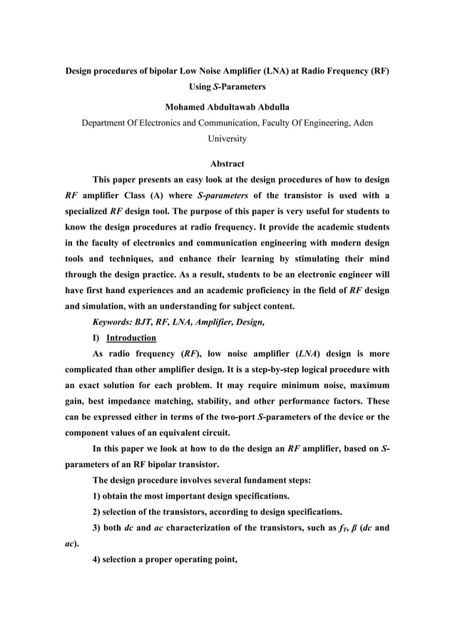 Design procedures of bipolar low noise amplifier at radio frequency using s parameters | PDF ...