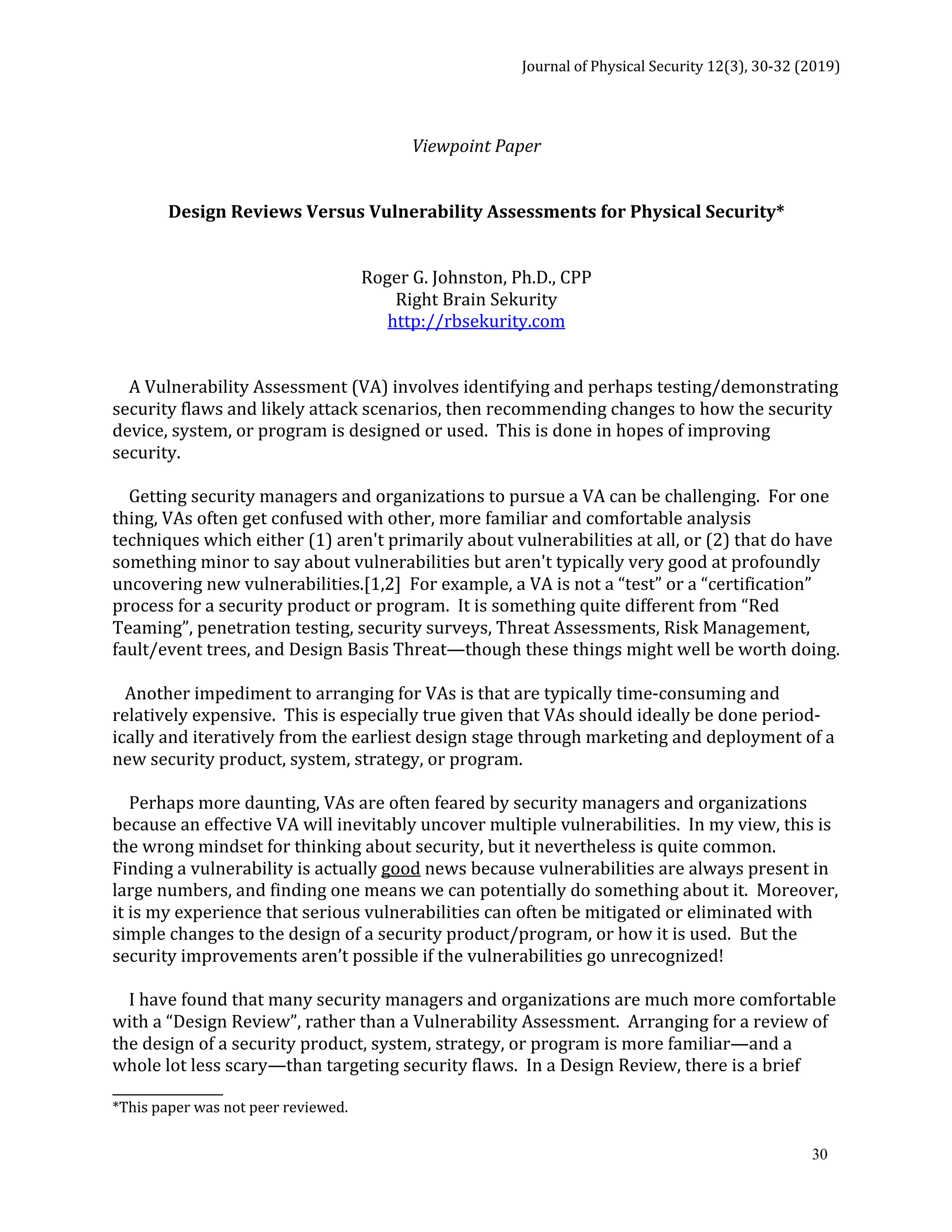 Design Reviews Versus Vulnerability Assessments for Physical Security | PDF