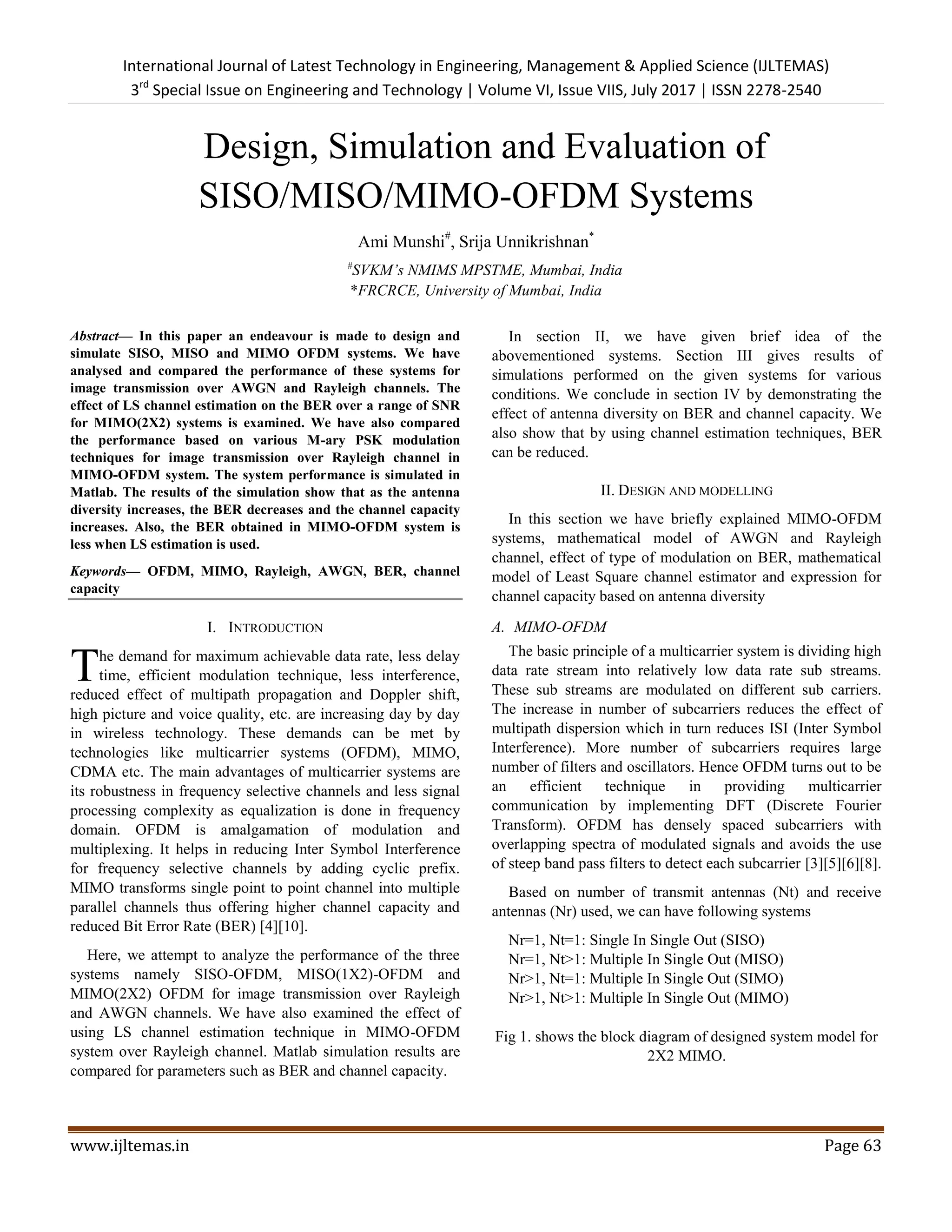 Design Simulation And Evaluation Of Siso Miso Mimo Ofdm Systems Pdf