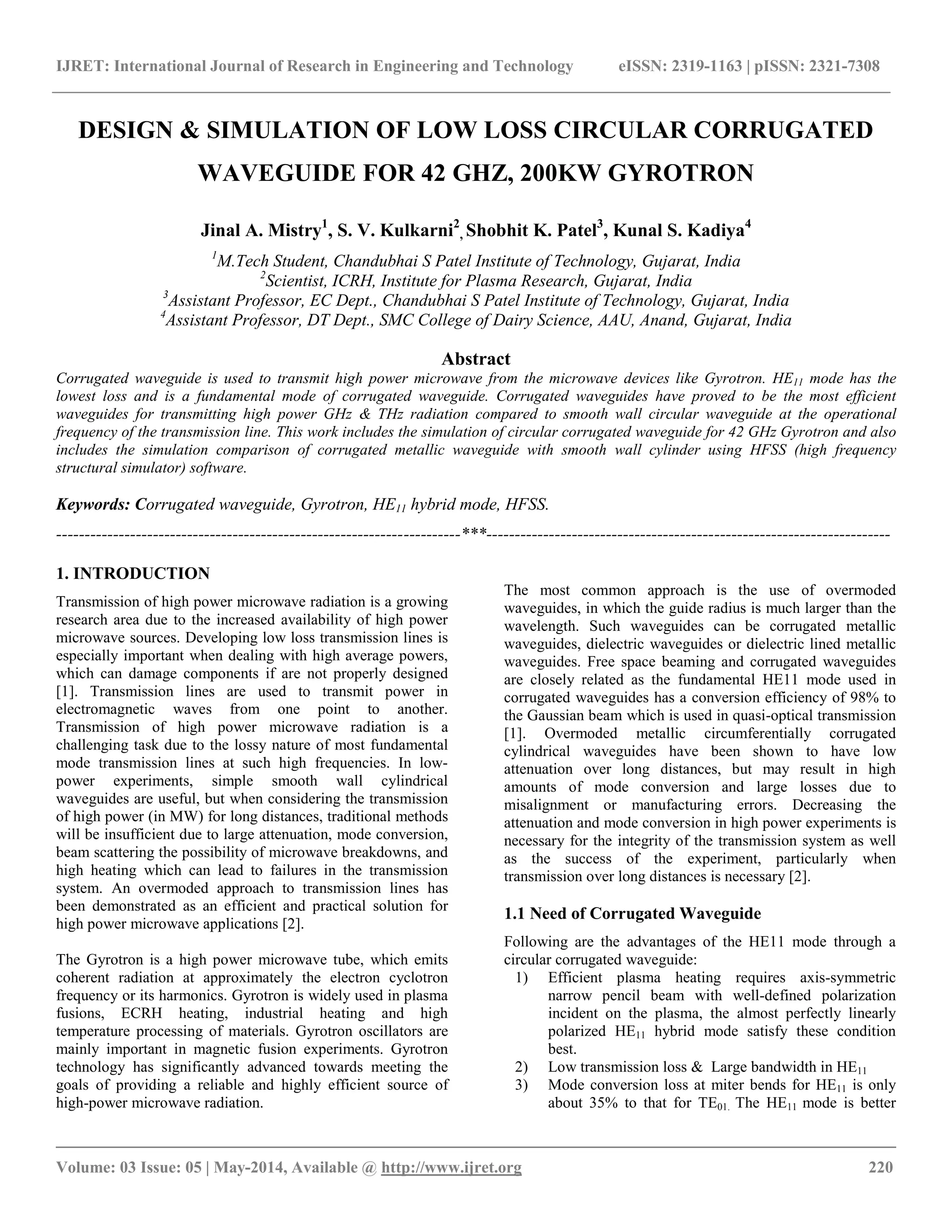Design & simulation of low loss circular corrugated waveguide for 42 ...