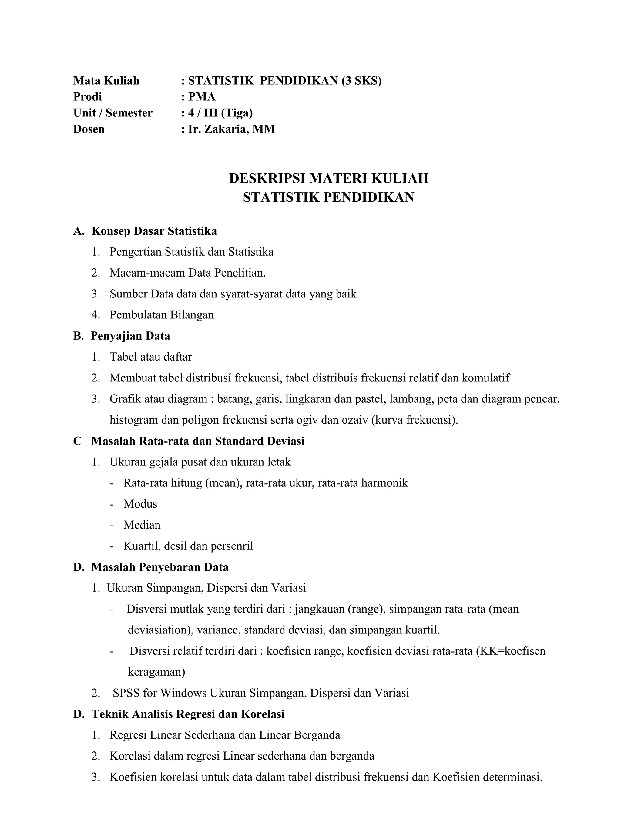 Deskripsi materi kuliah statistik pendidikan | DOC