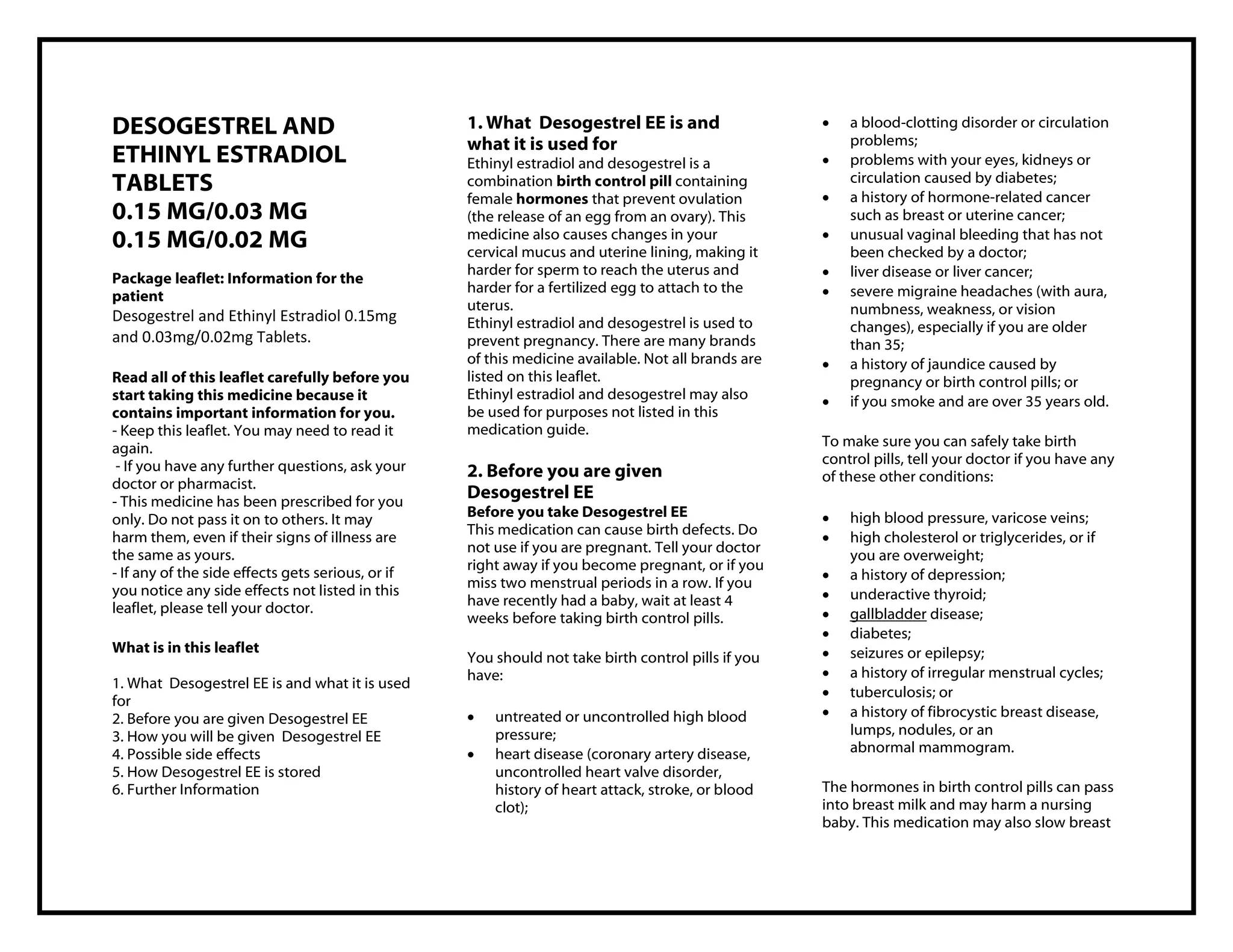 Desogestrel and ethinyl estradiol 0.15mg and 0.03mg 0.02mg tablets pil ...