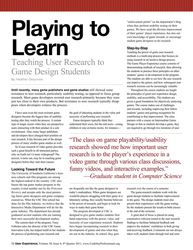 Playing to Learn Teaching User Research to Game Design Students by ...