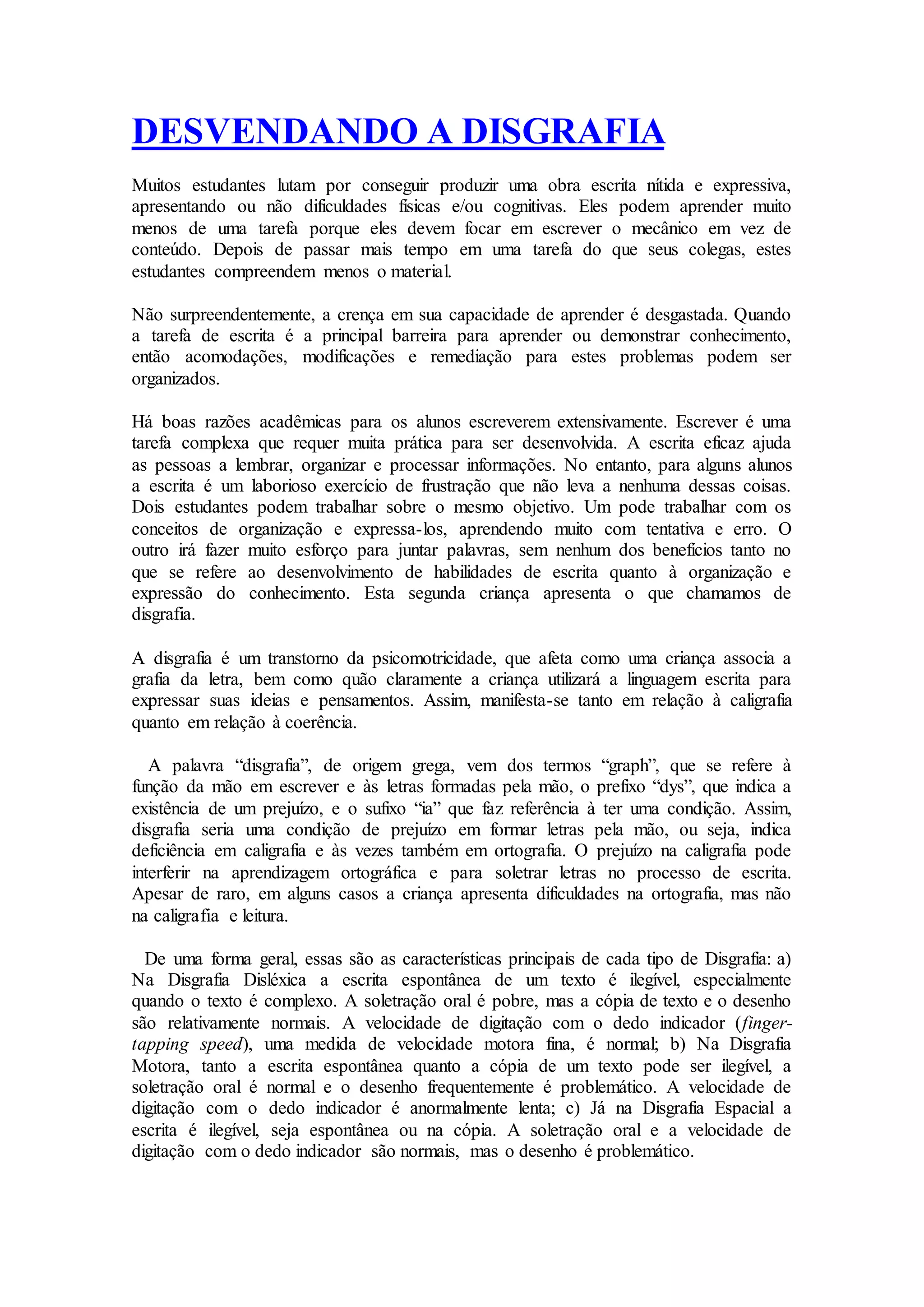 Desvendando a disgrafia | DOCX