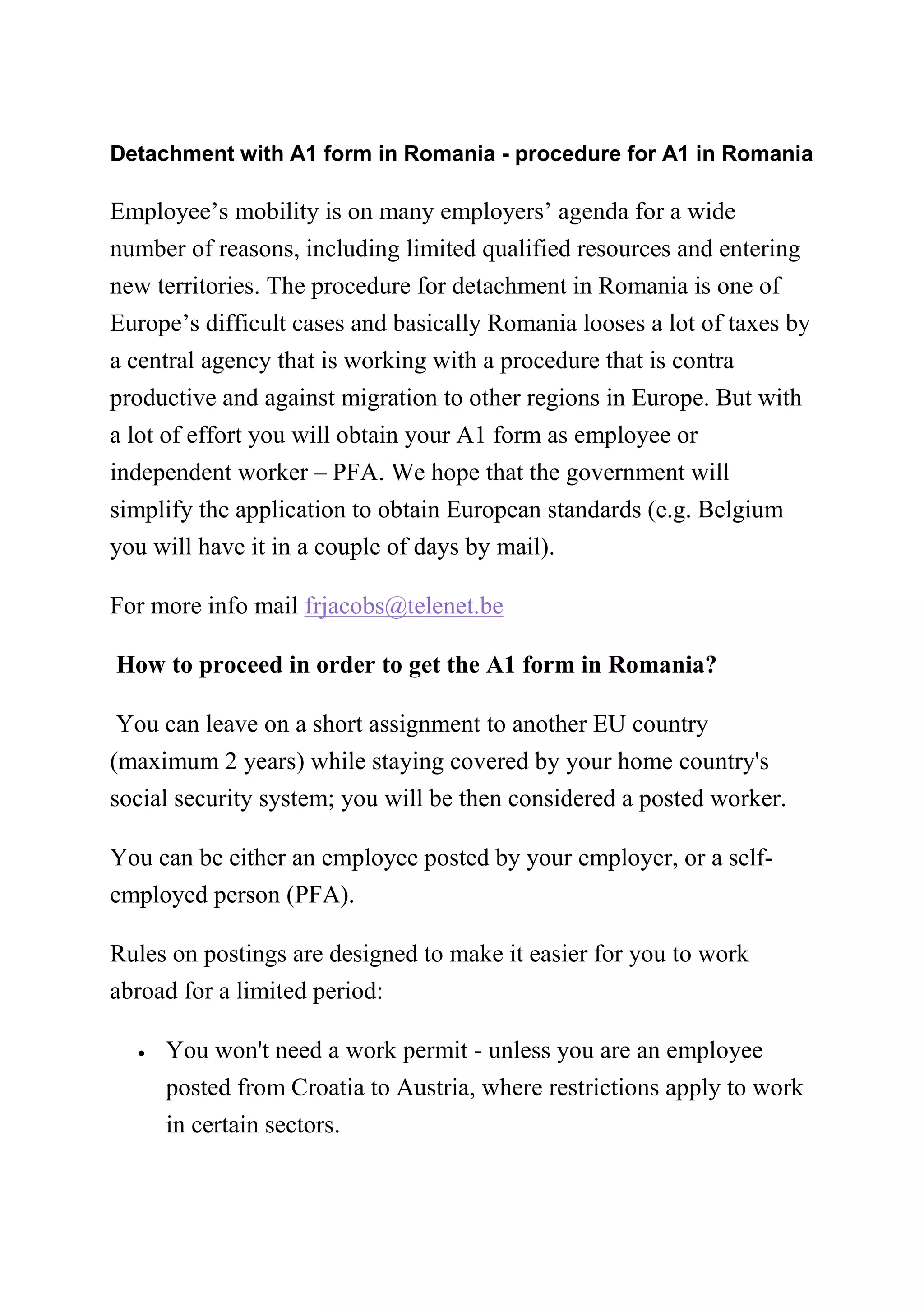 Detachment with a1 form in romania | PDF