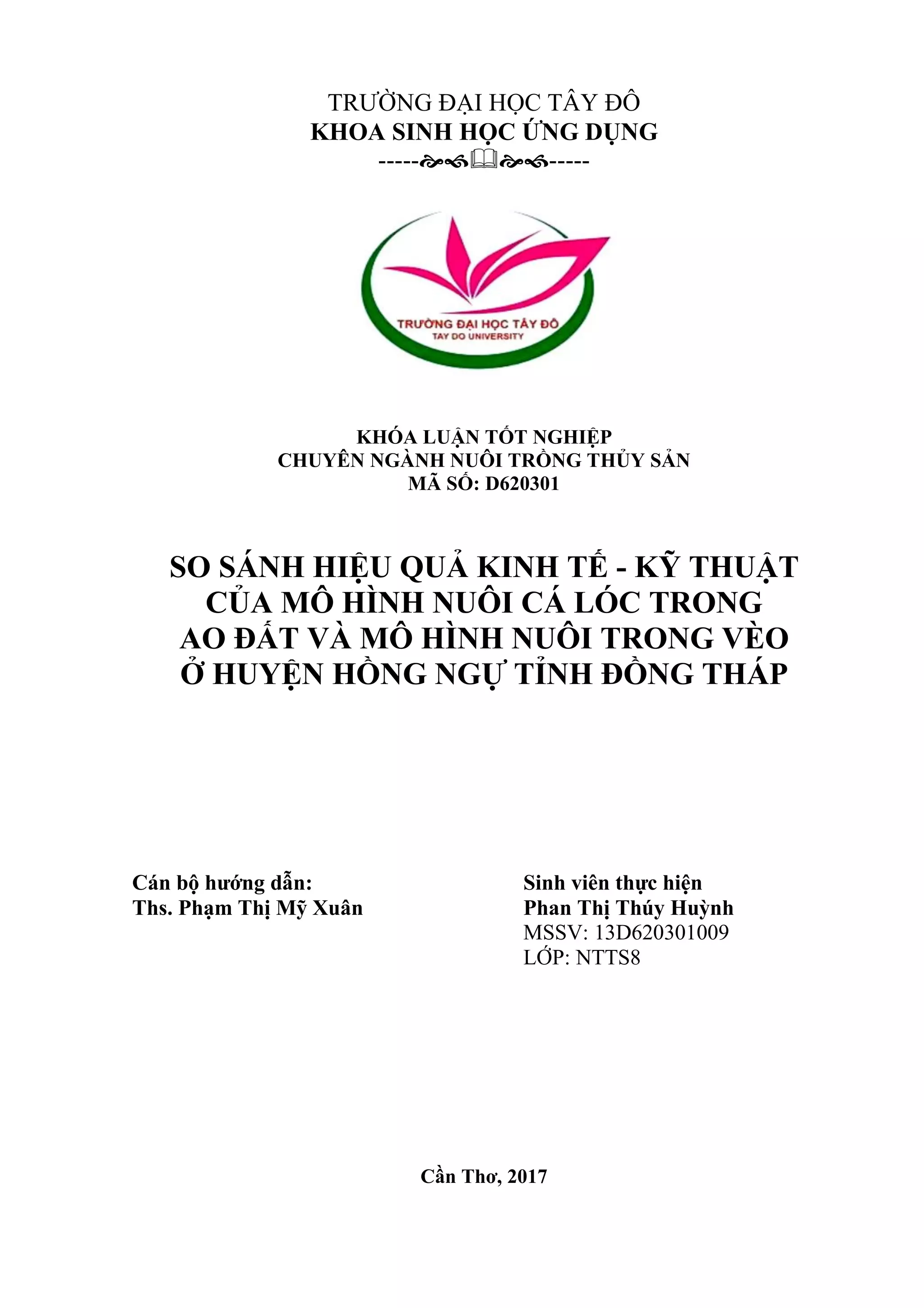 Hiệu quả kinh tế - kỹ thuật của mô hình nuôi cá Lóc trong ao đất | PDF