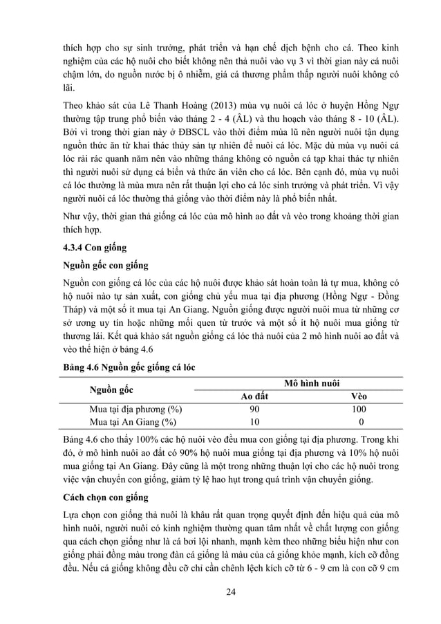 Hiệu quả kinh tế - kỹ thuật của mô hình nuôi cá Lóc trong ao đất | PDF