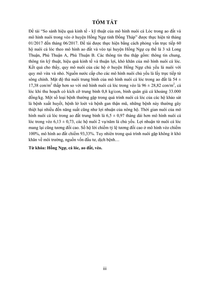 Hiệu quả kinh tế - kỹ thuật của mô hình nuôi cá Lóc trong ao đất | PDF