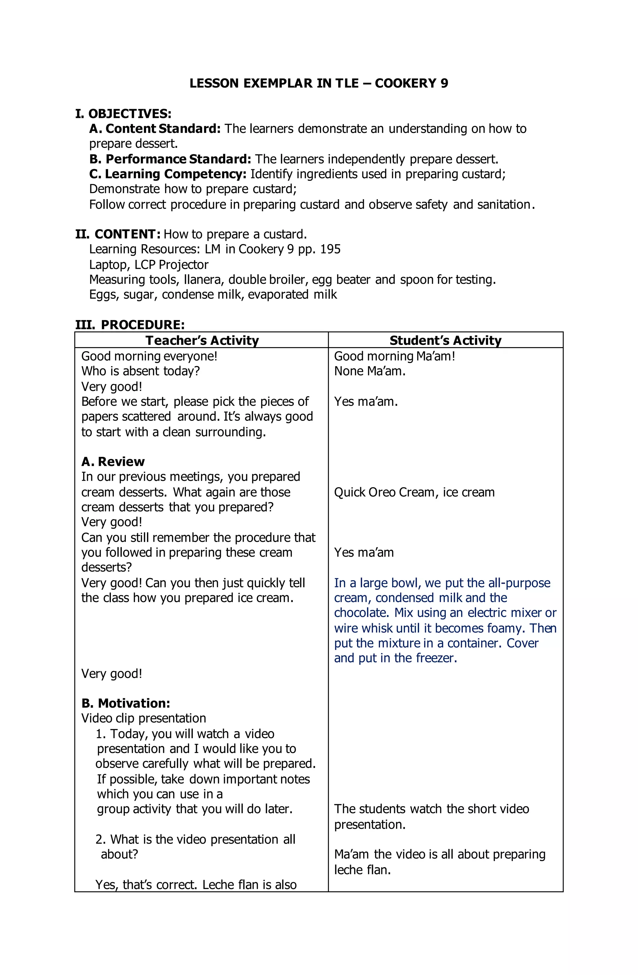 DETAILED LESSON PLAN IN COOKERY 9 | DOCX