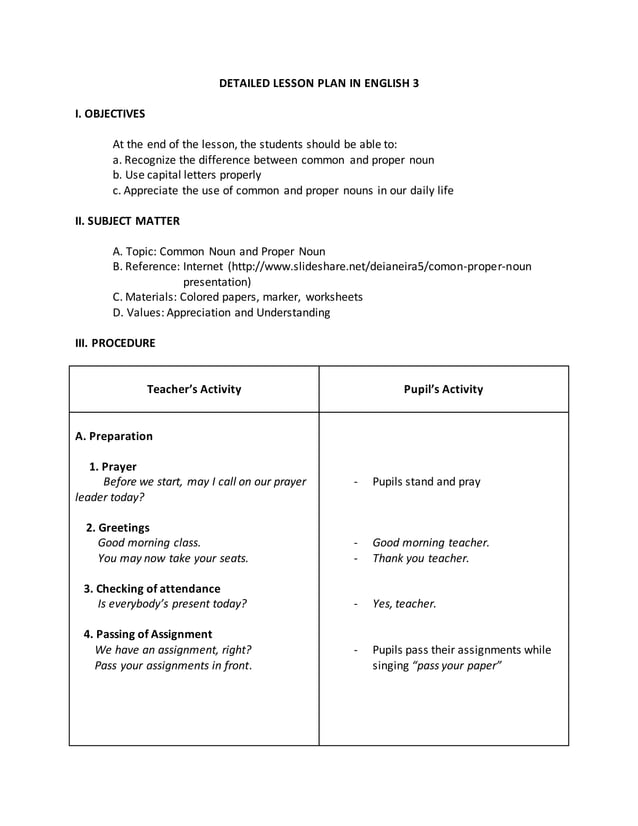 Proper Nouns and Common Nouns Detailed Lesson Plan | DOCX