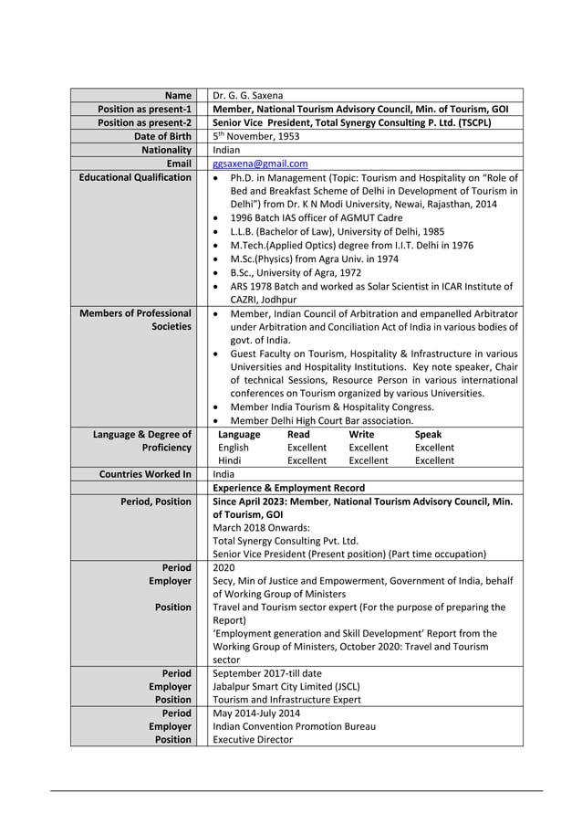Detailed CV Dr GG Saxena IAS Rtd 091123.docx | Asia Travel | Travel Locations