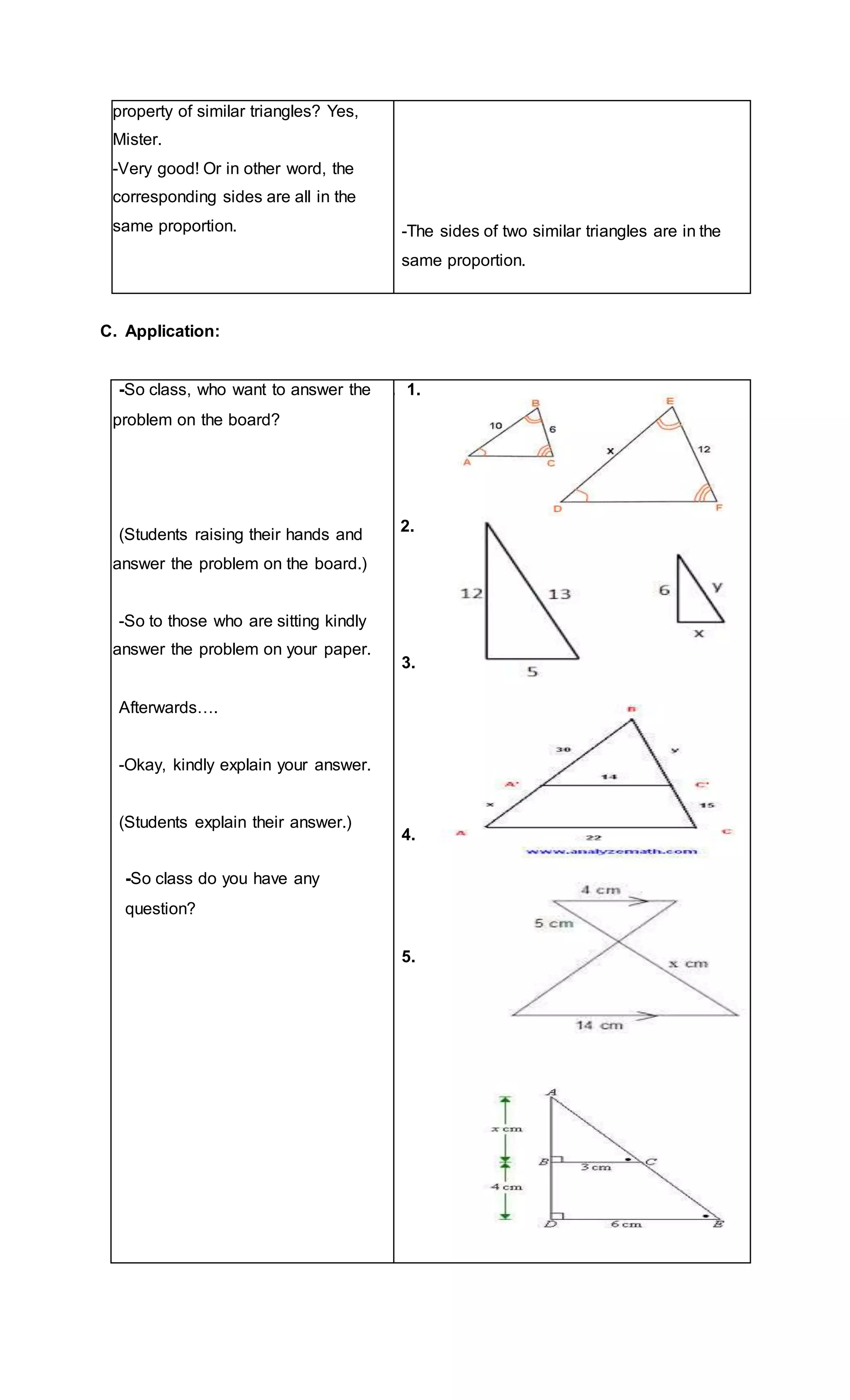 Detailed lesson plan of Similar Triangles in Inductive Method | DOCX