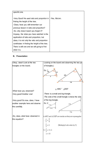 Detailed lesson plan of Similar Triangles in Inductive Method | DOCX