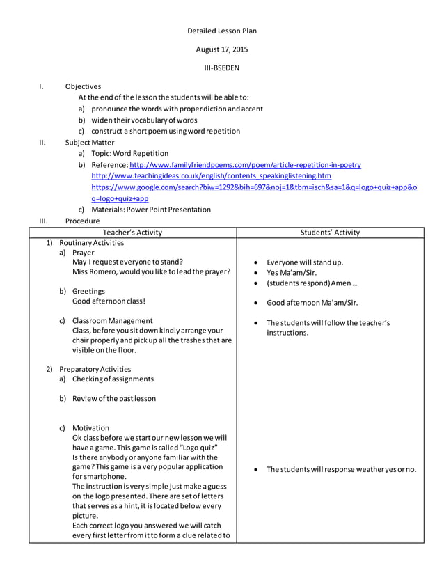 Detailed lesson plan | DOCX | Homework and Study | Education