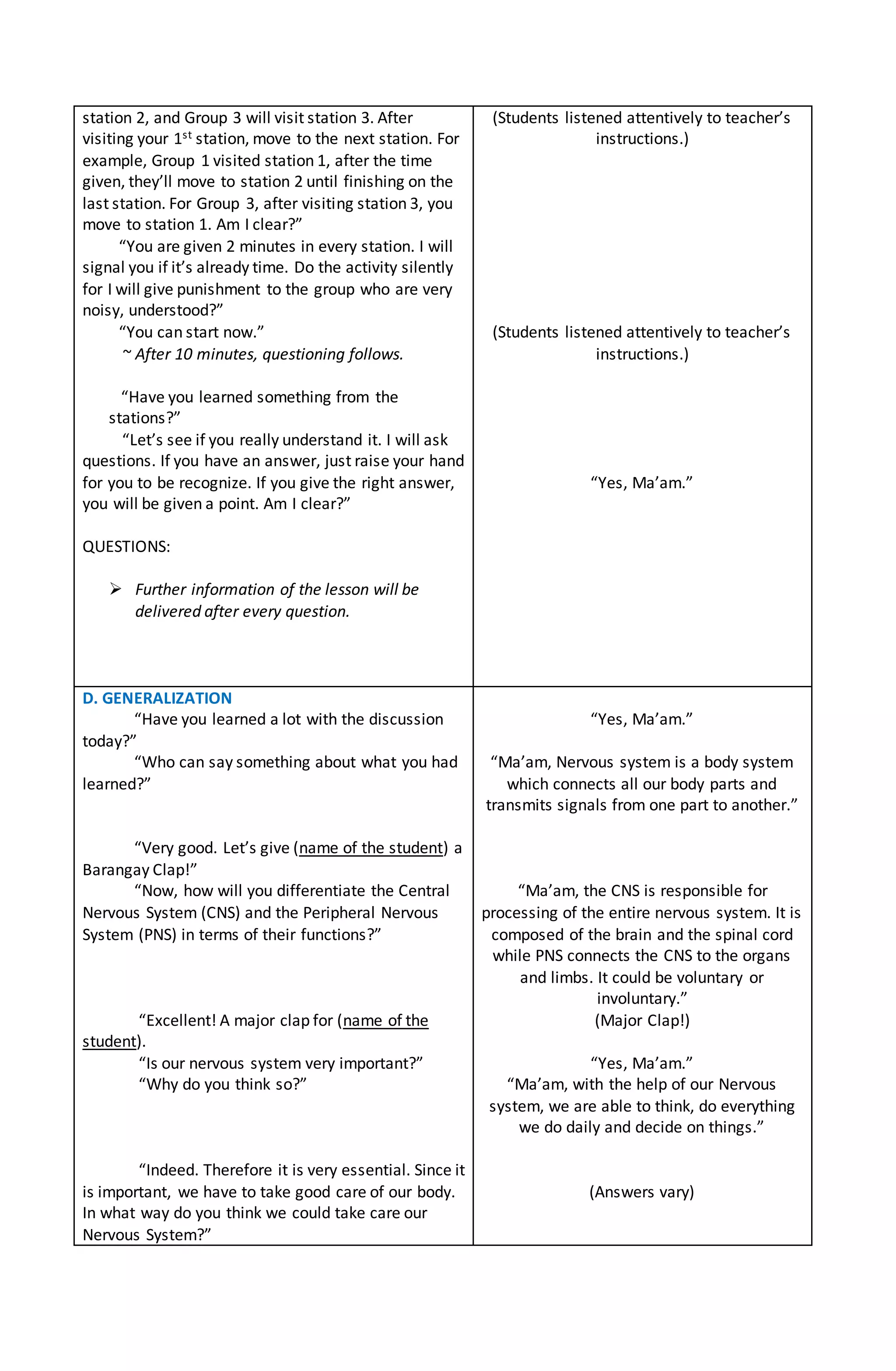 Lesson plan on Nervous system 10 | DOCX
