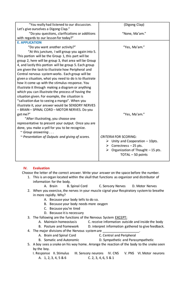 Lesson plan on Nervous system 10 | DOCX | Biological Sciences | Science