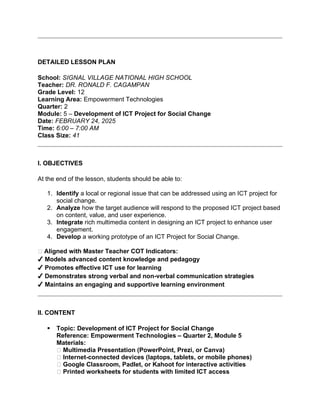 DETAILED LESSON PLAN on ict to promote social change | DOCX